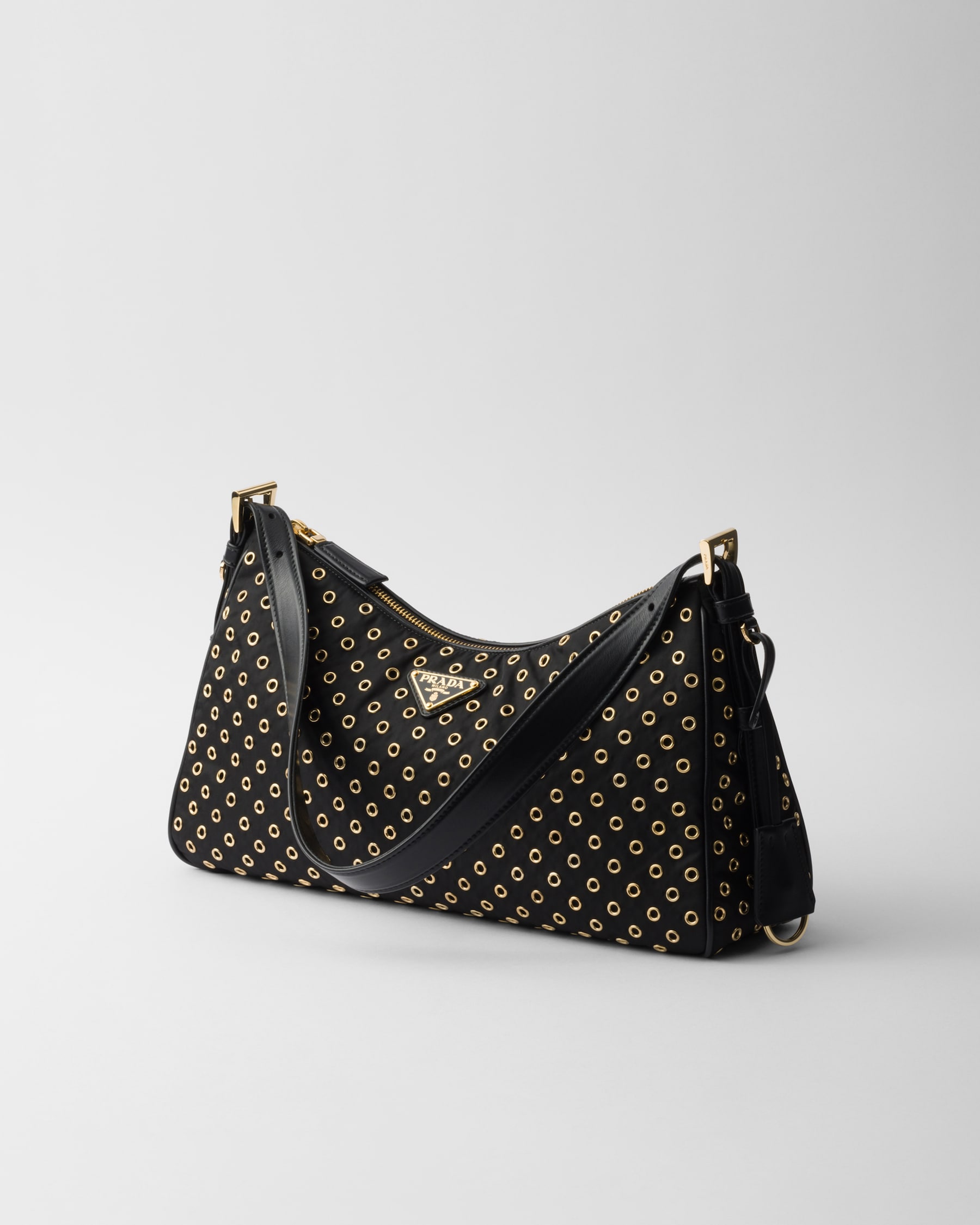 Black Prada Aimée Large Re-nylon Shoulder Bag With Grommet Detail | PRADA