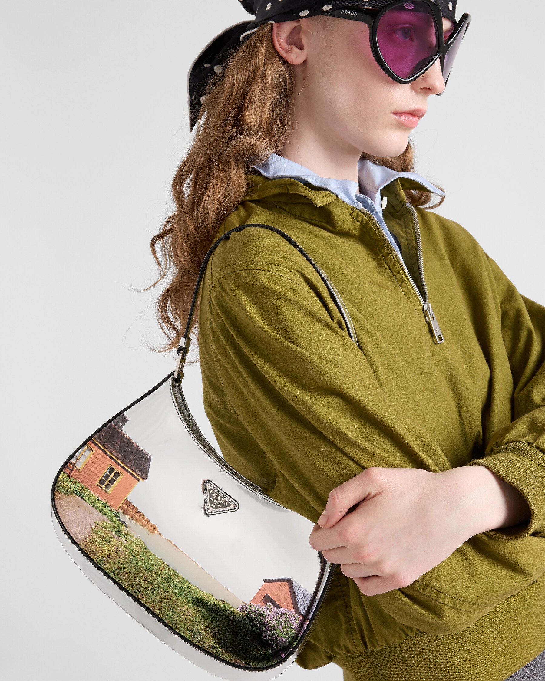 Silver Prada Cleo Printed Brushed Leather Shoulder Bag | PRADA