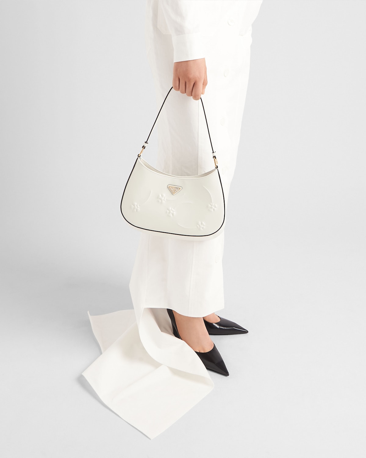 White Prada Cleo Brushed Leather Shoulder Bag | PRADA