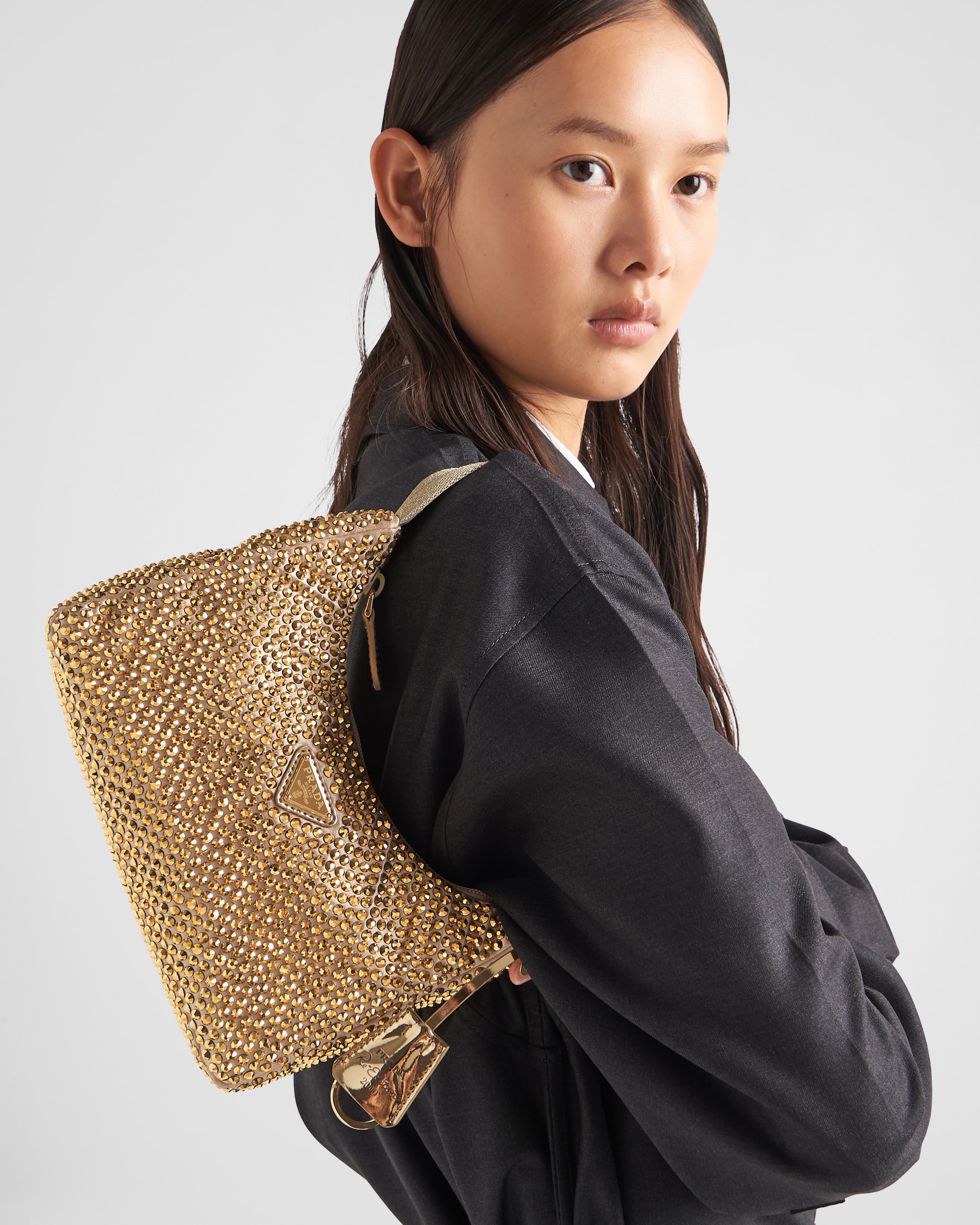 Platinum Prada Re-edition Mini Satin Bag With Crystals | PRADA