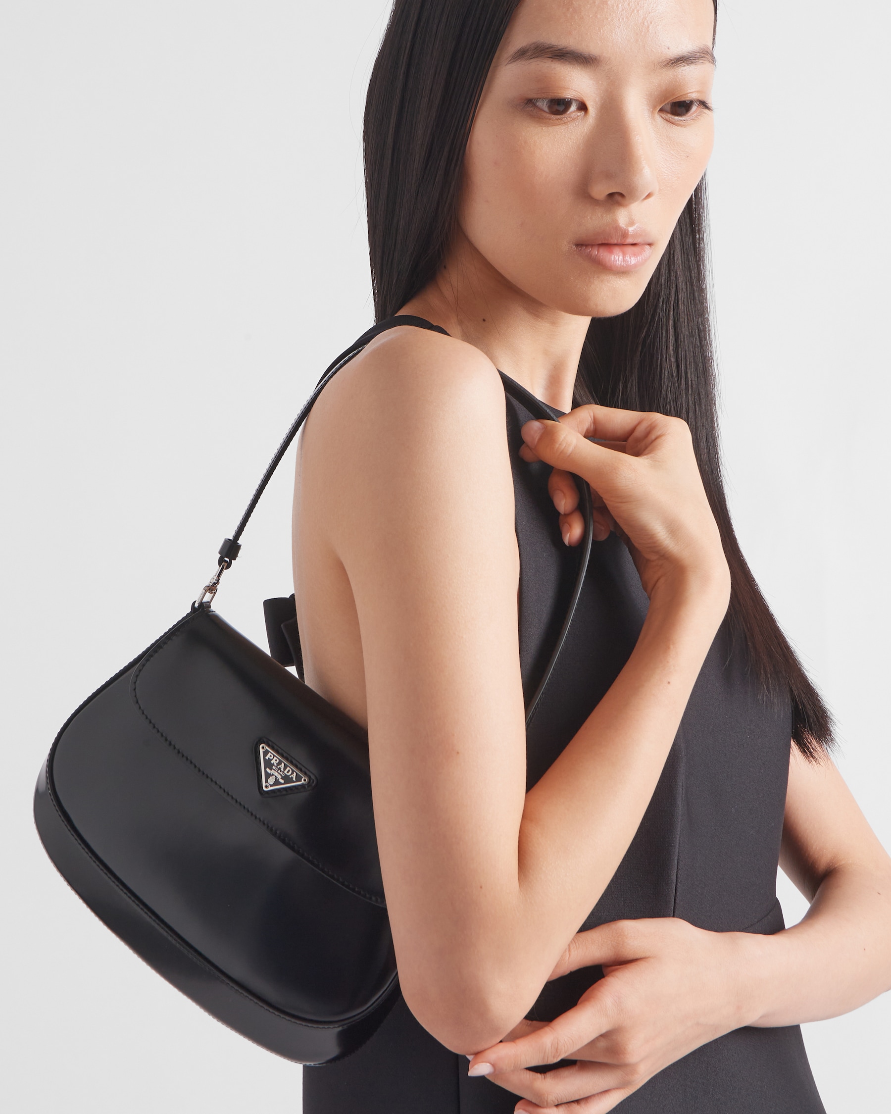 Black Prada Cleo Brushed Leather Shoulder Bag With Flap | PRADA