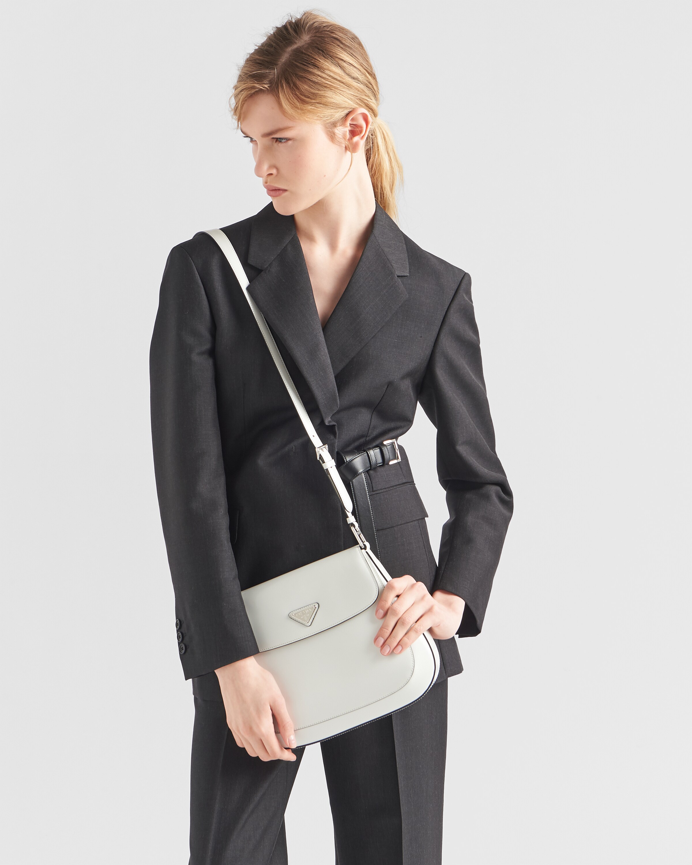 White Prada Cleo Brushed Leather Shoulder Bag With Flap | PRADA