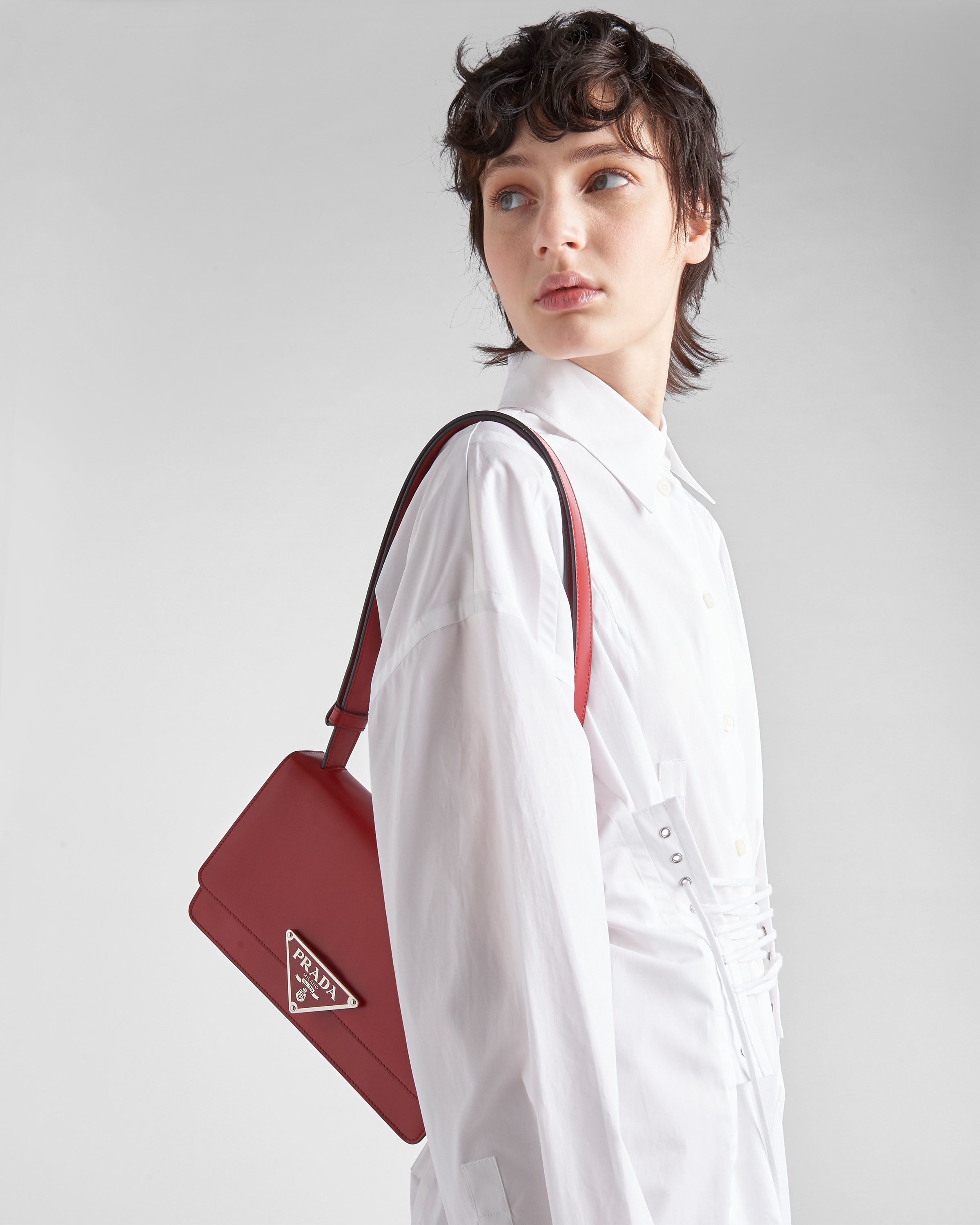 Scarlet Prada Emblème brushed-leather bag | Prada