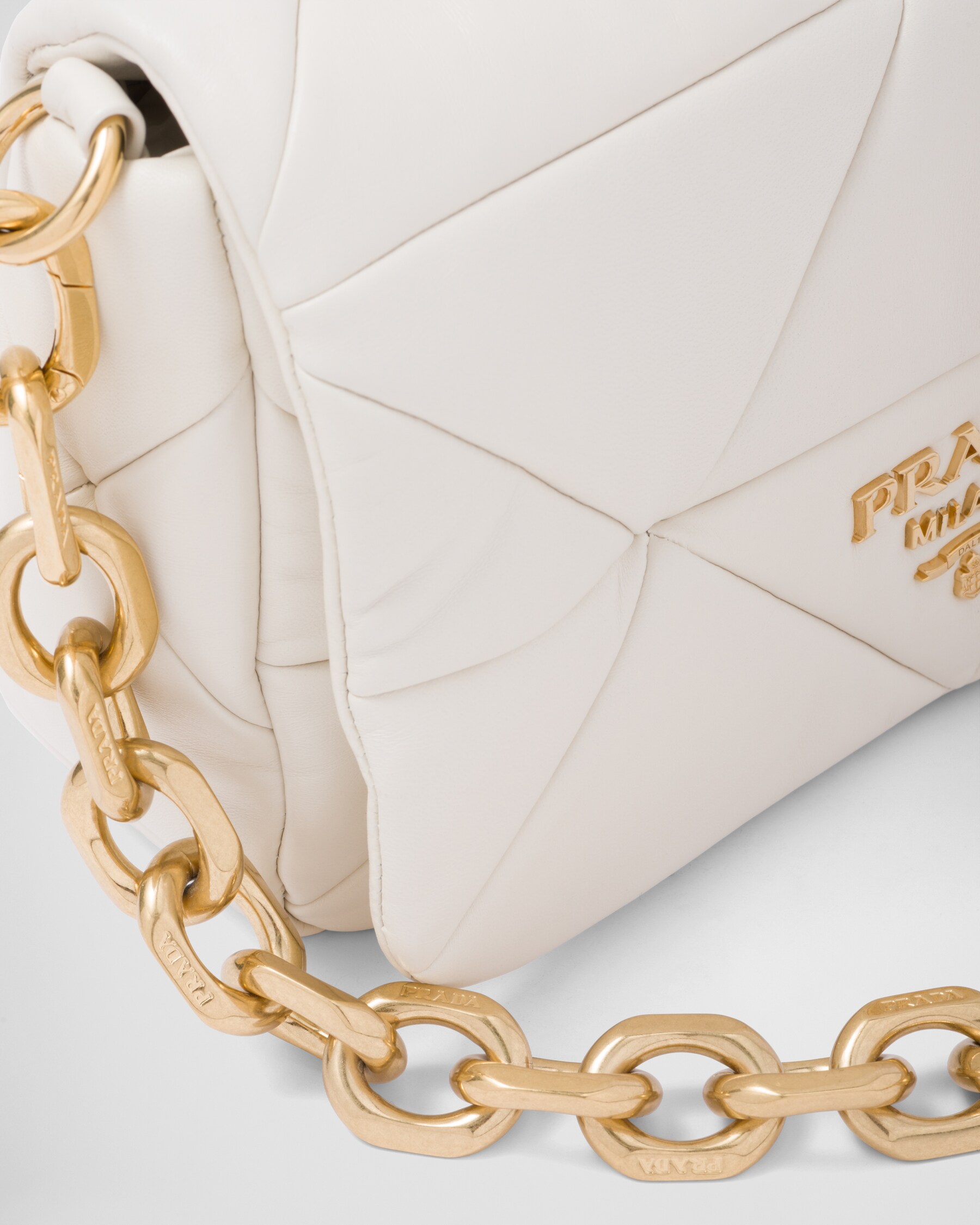 กระเป๋าสะพายไหล่งานปะหนังนัปป้า Prada System ขาว | PRADA