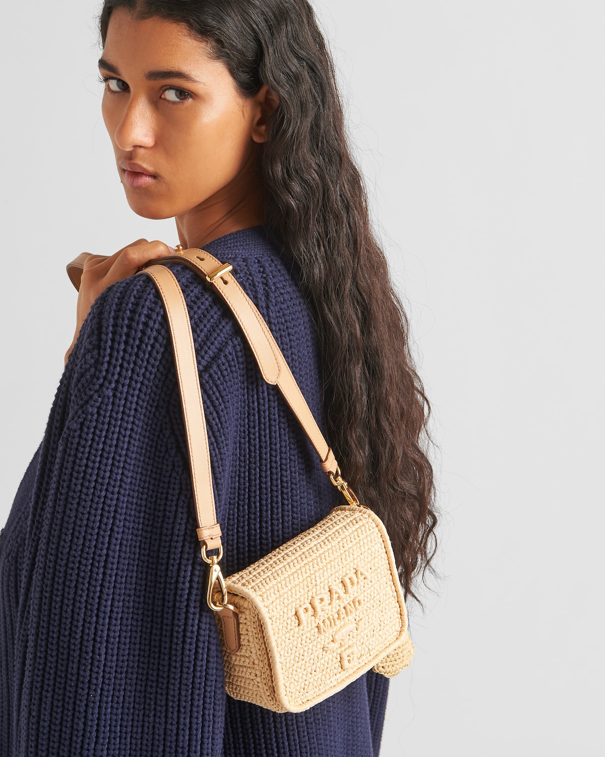Natural Crochet And Leather Shoulder Bag With Flap | PRADA