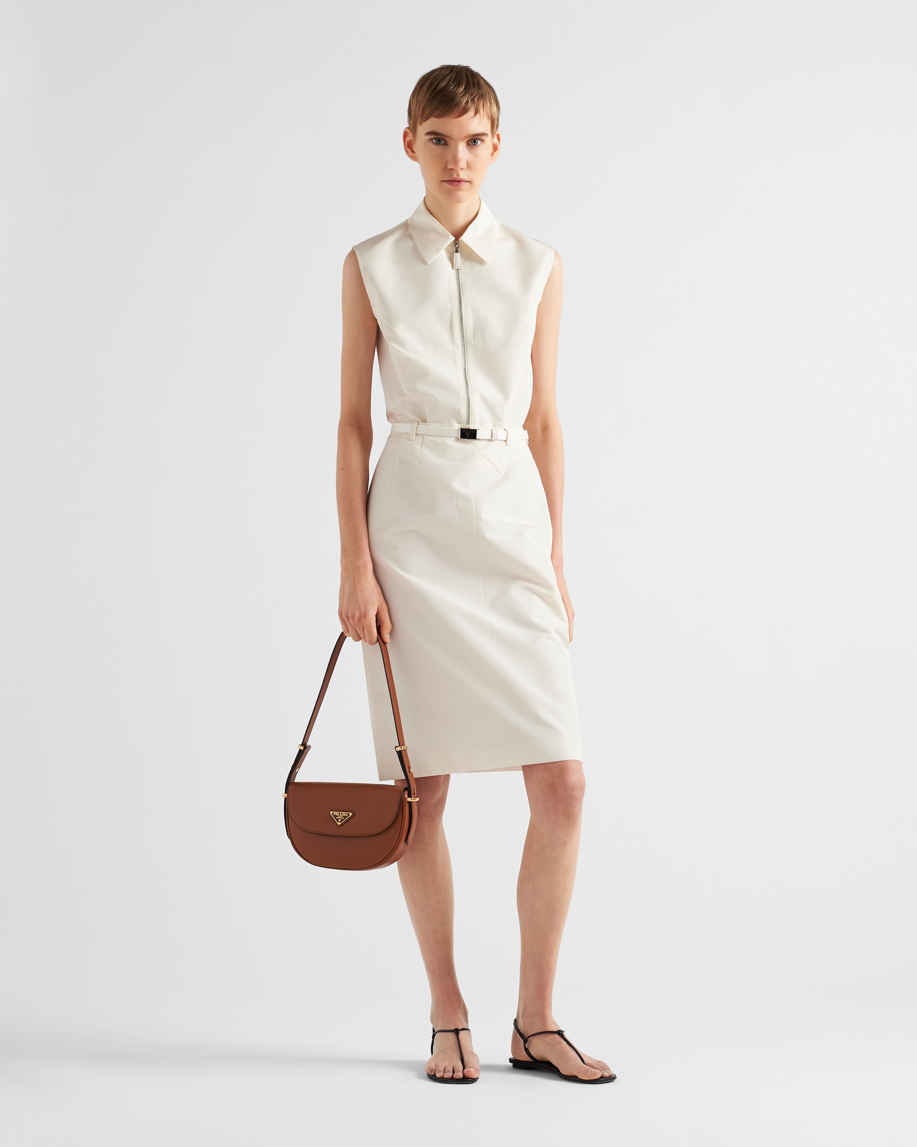 Cognac Prada Arqué Leather Shoulder Bag With Flap | PRADA