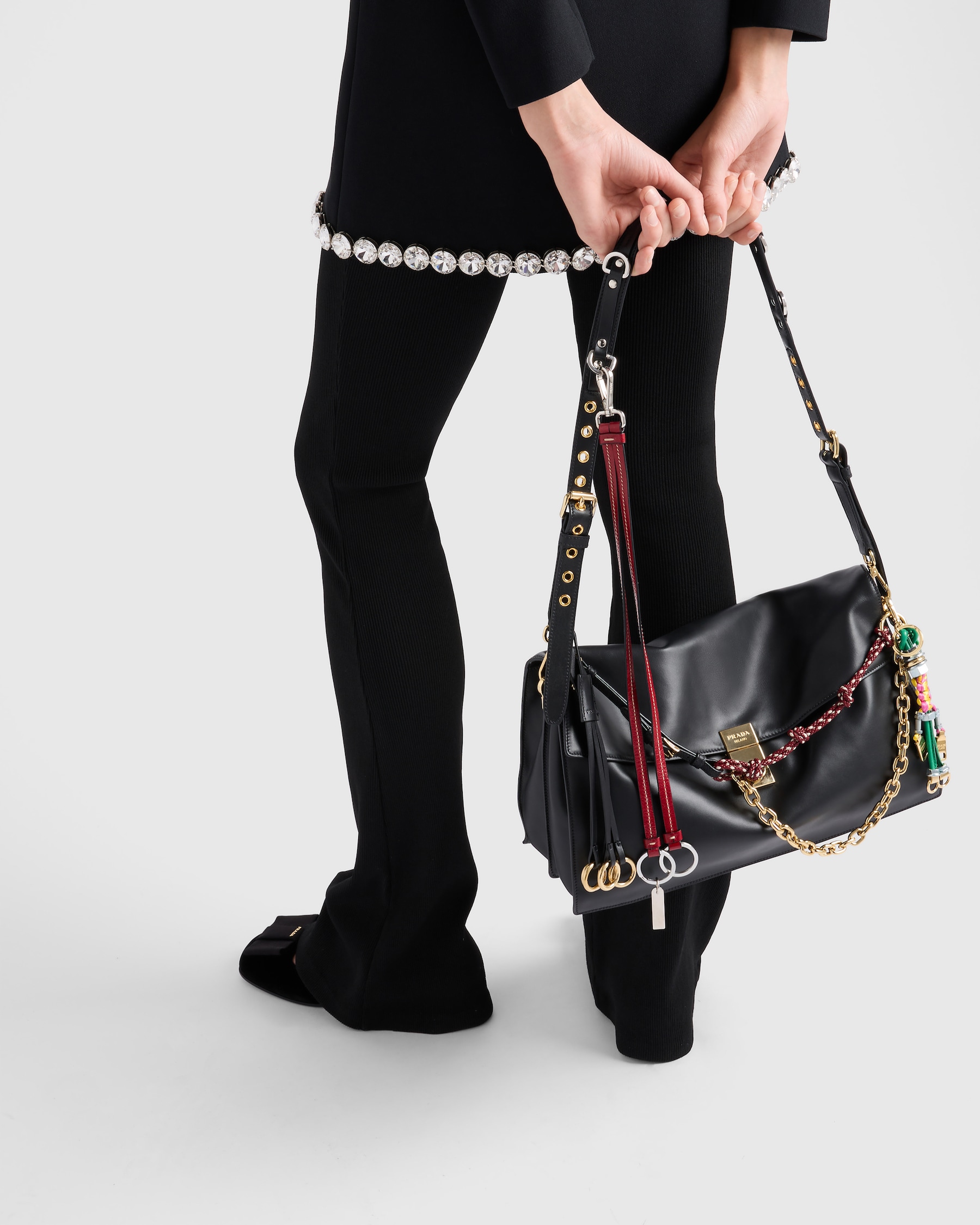 Black Prada Soft Sound Large Leather Shoulder Bag With Charms | PRADA