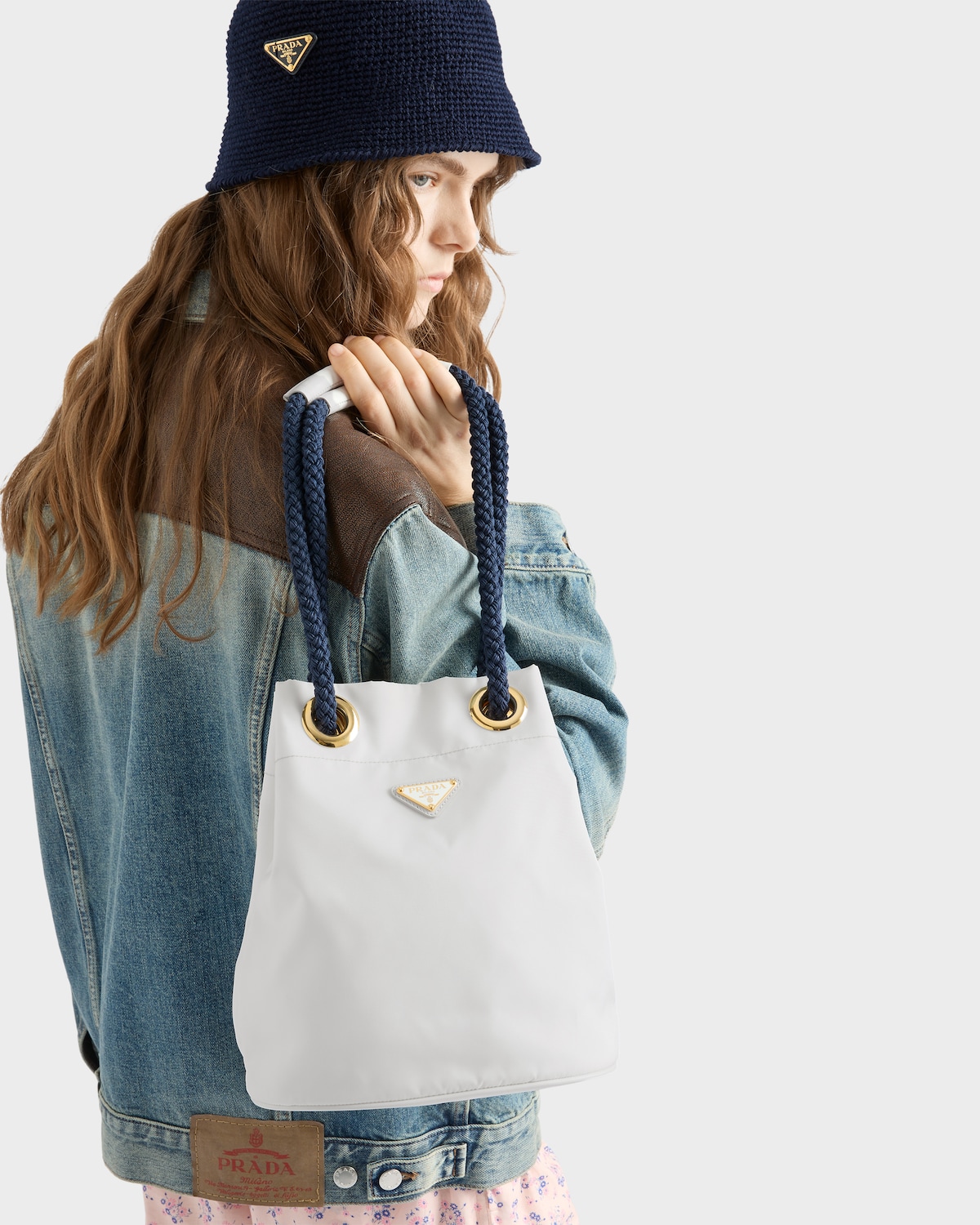 White/baltic Blue Prada Mariner Re-nylon Small Bucket Bag | PRADA