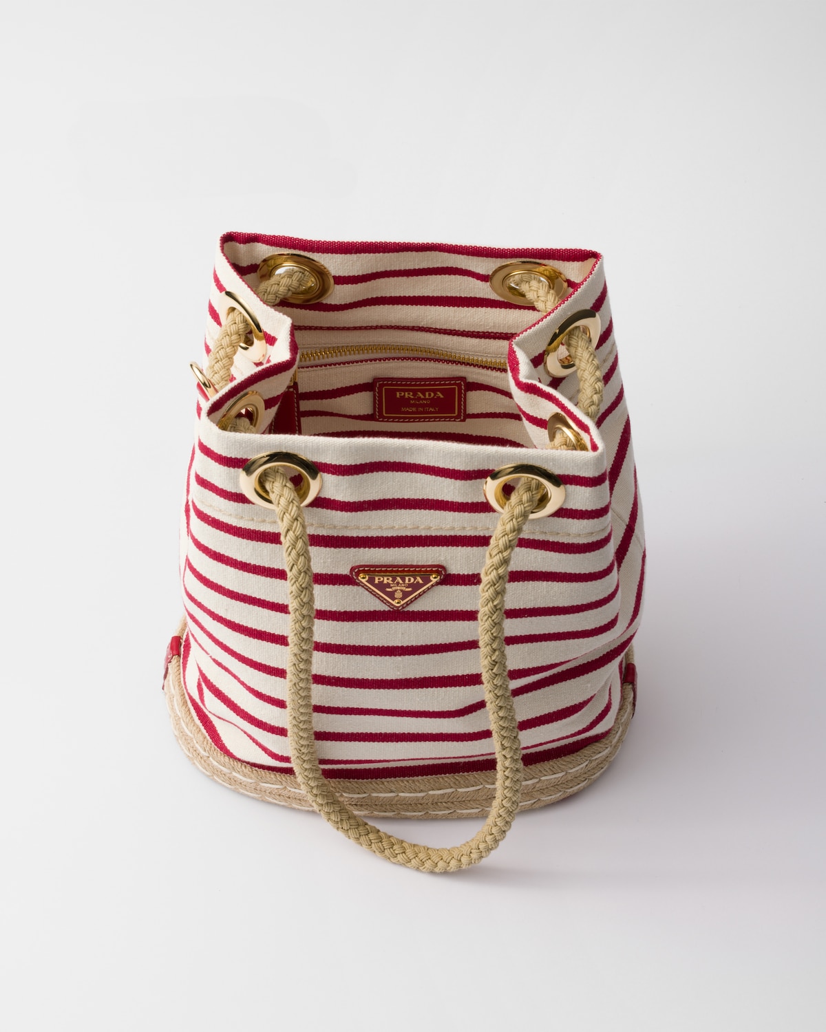 Pomegranate Yellow/red Prada Mariner Small Striped Fabric Bucket Bag ...