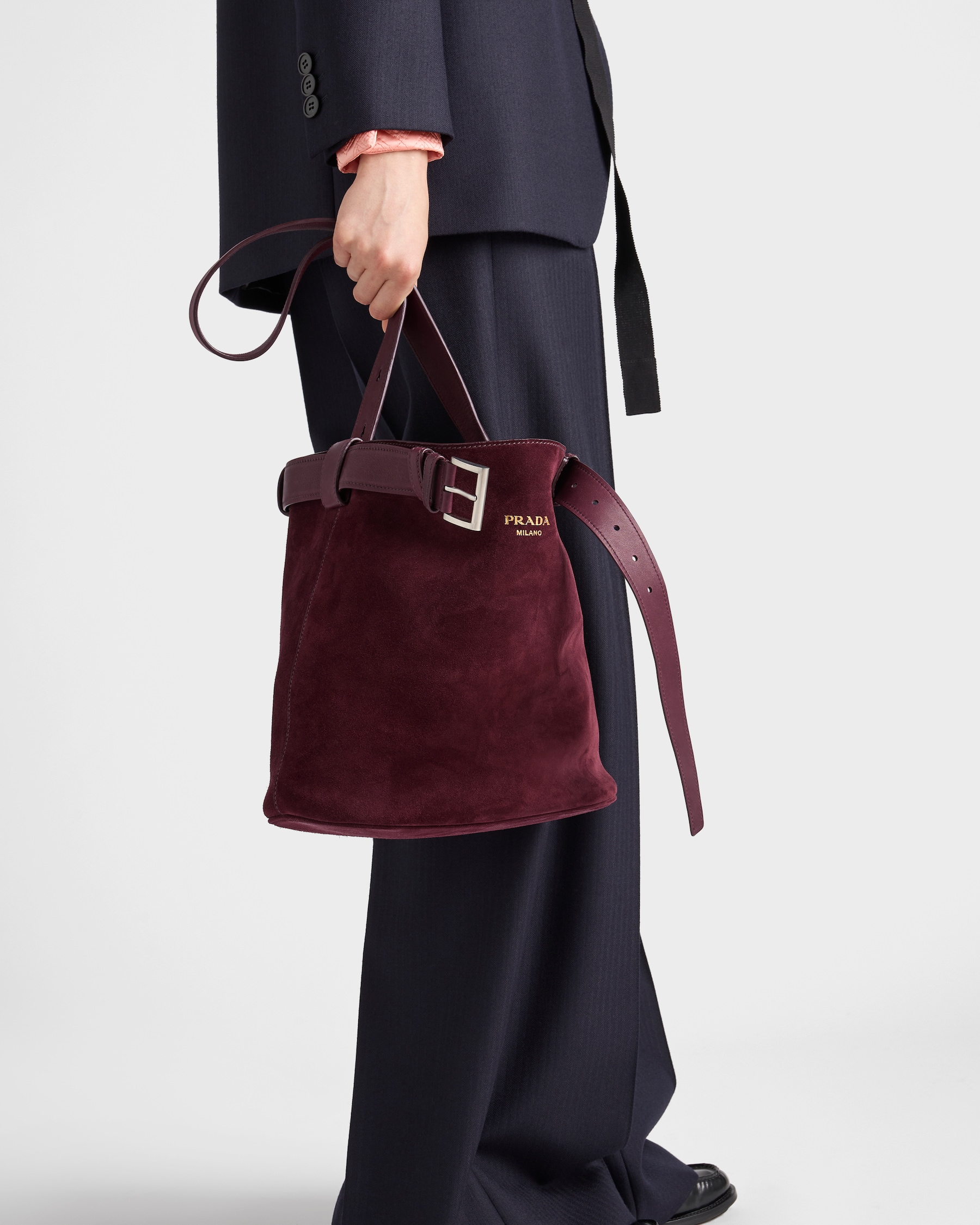 Burgundy Prada Buckle Belted Suede Bucket Bag | PRADA - United States