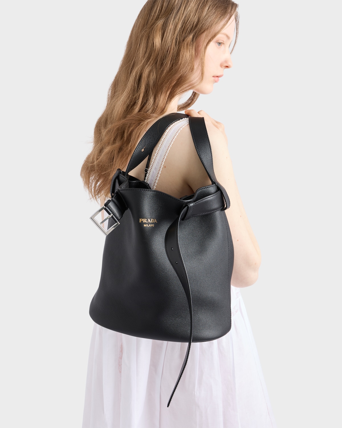 Black Prada Buckle Leather Bucket Bag With Belt | PRADA