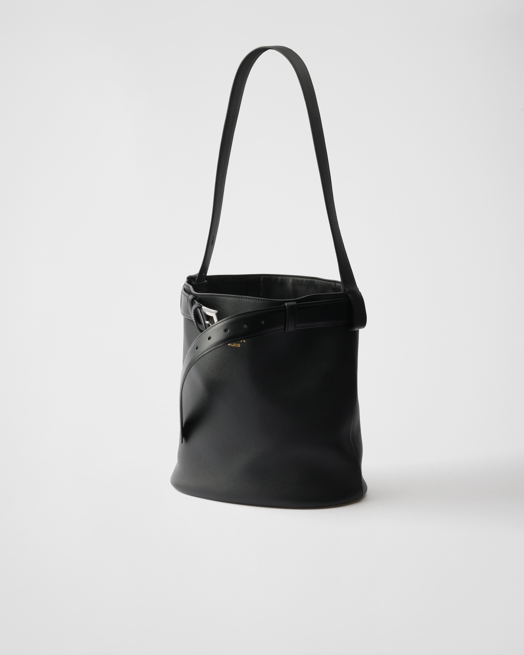 Black Prada Buckle Leather Bucket Bag With Belt | PRADA