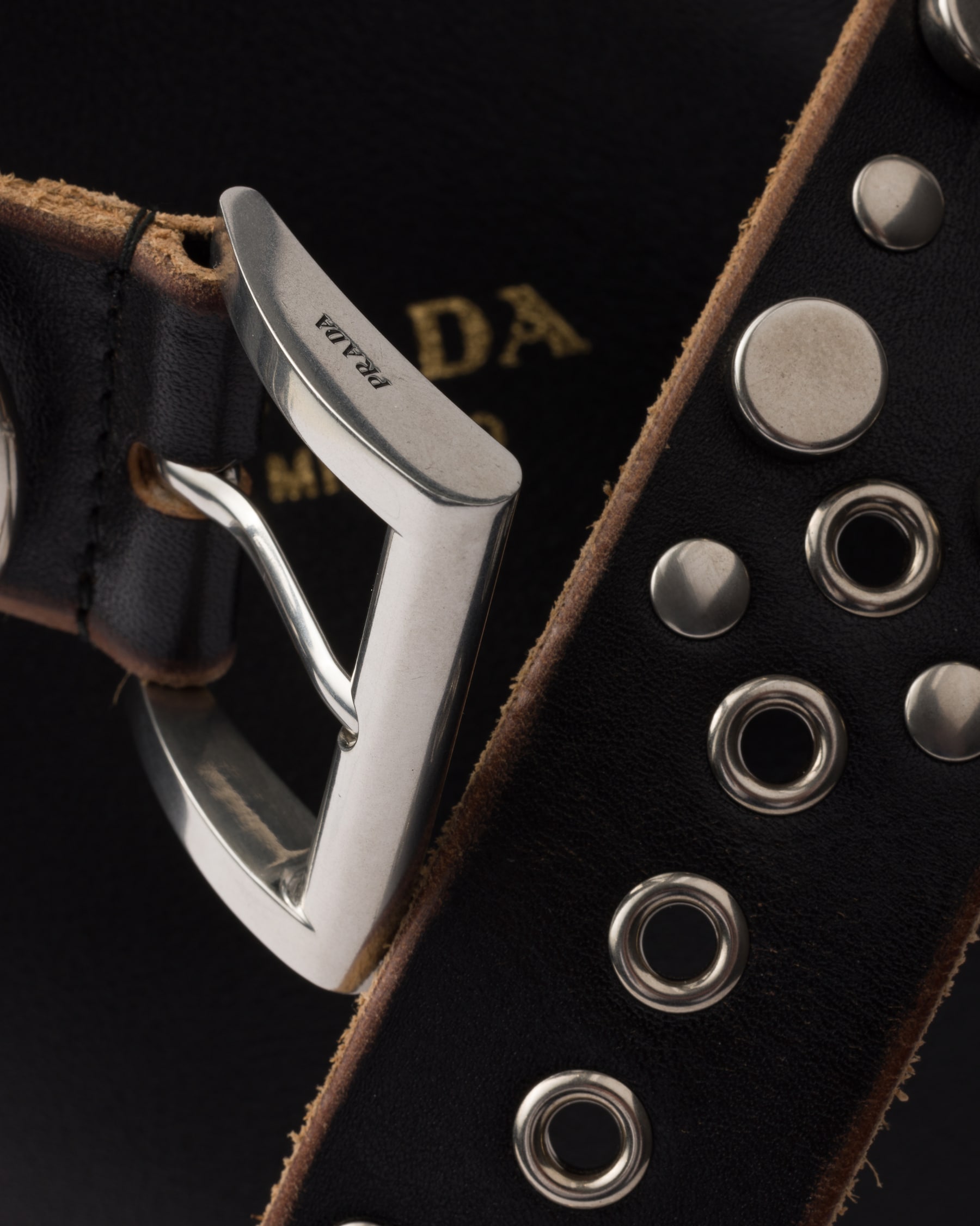 Black Prada Buckle Leather Bucket Bag With Studded Belt | PRADA