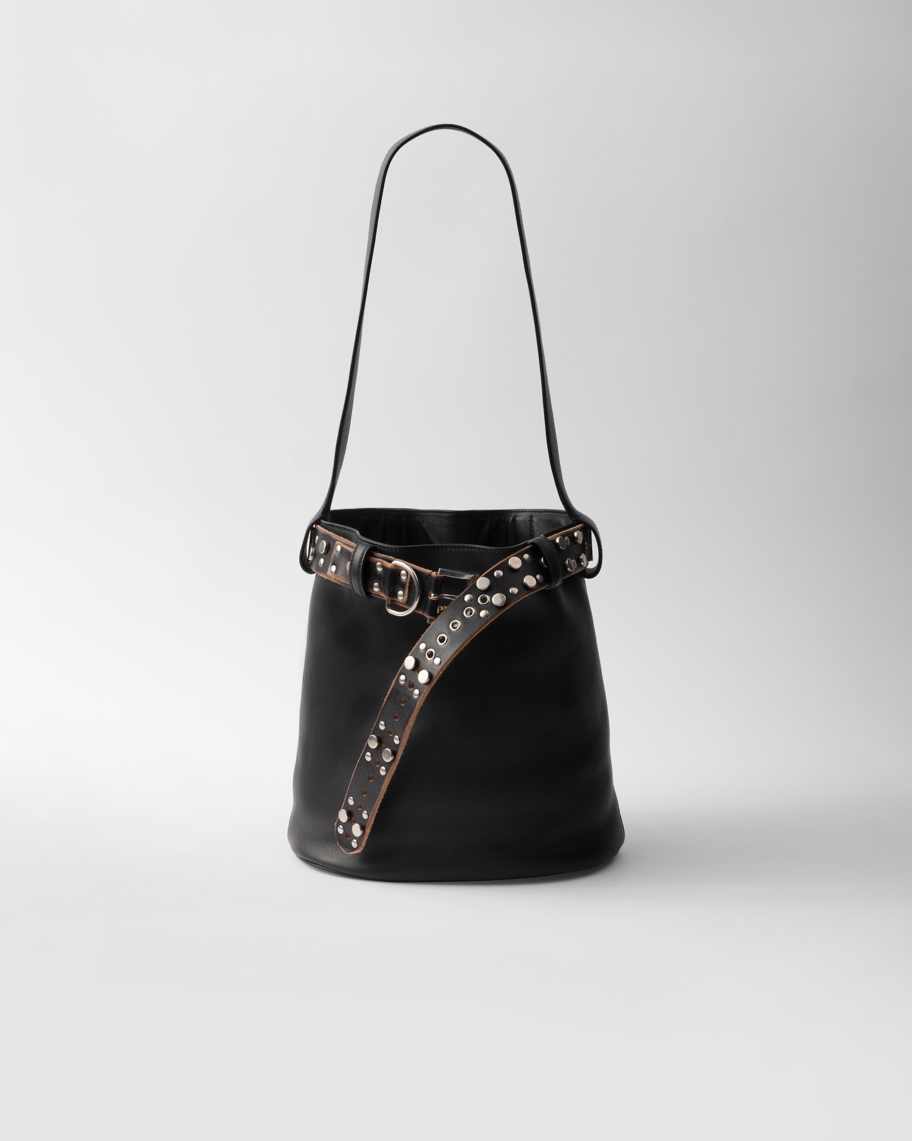 Black Prada Buckle Leather Bucket Bag With Studded Belt | PRADA