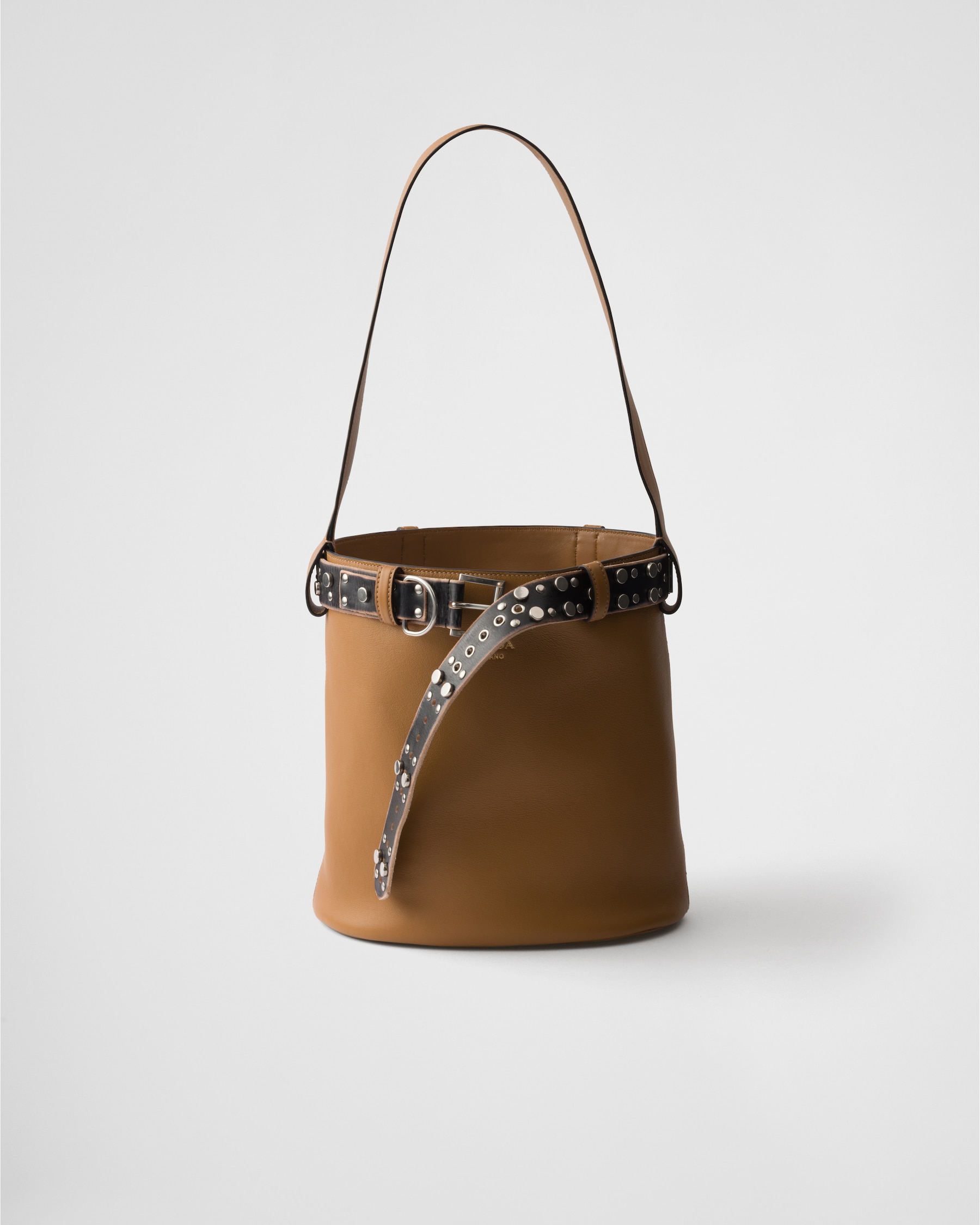 Caramel/black Prada Buckle Leather Bucket Bag With Studded Belt | PRADA