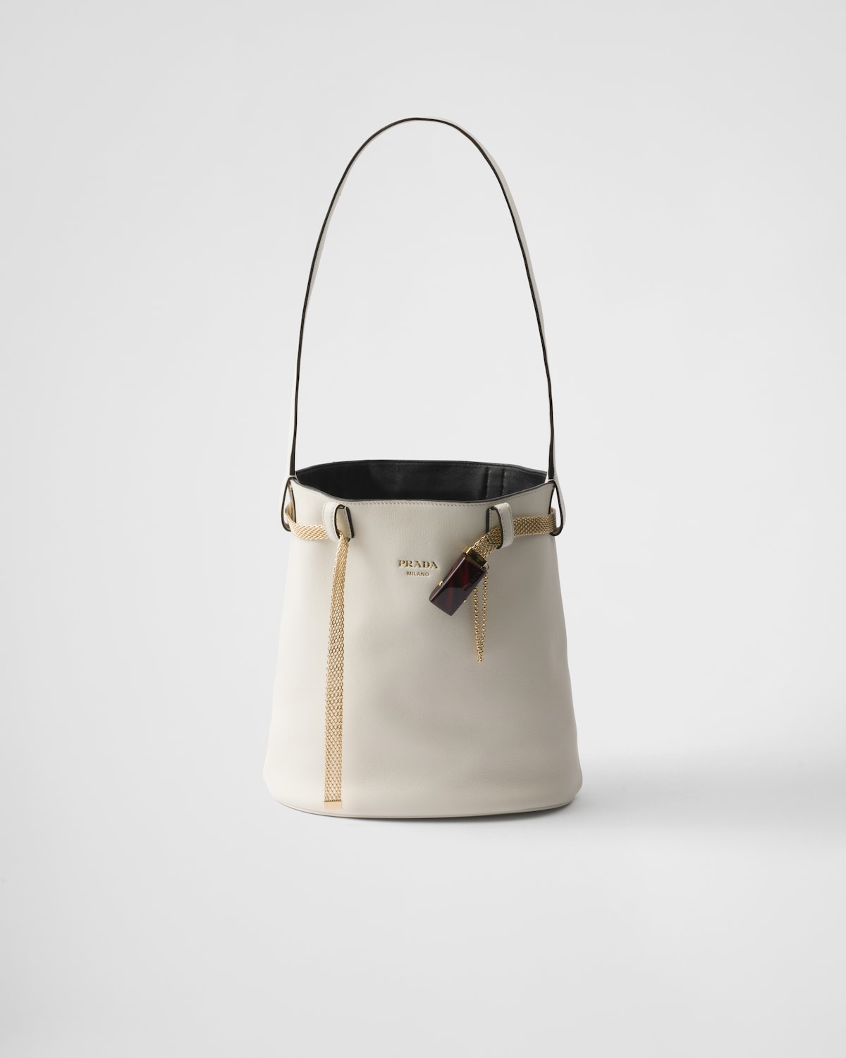 White/black Prada Buckle Leather Bucket Bag With Jeweled Belt | PRADA