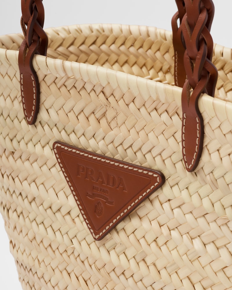 Beige/cognac Woven Palm And Leather Tote | PRADA