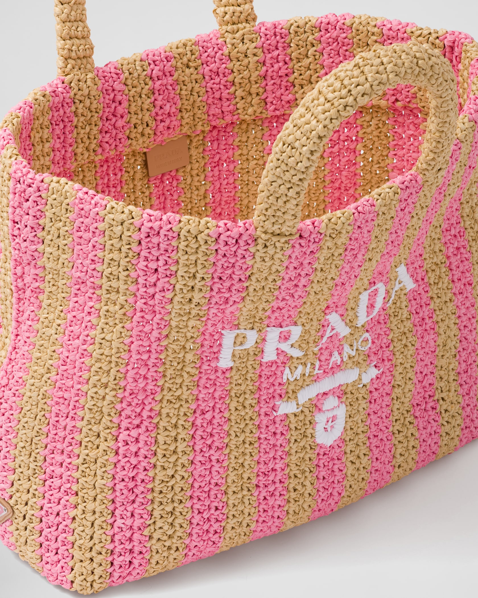 Tan/petal Pink Large Crochet Tote Bag | PRADA