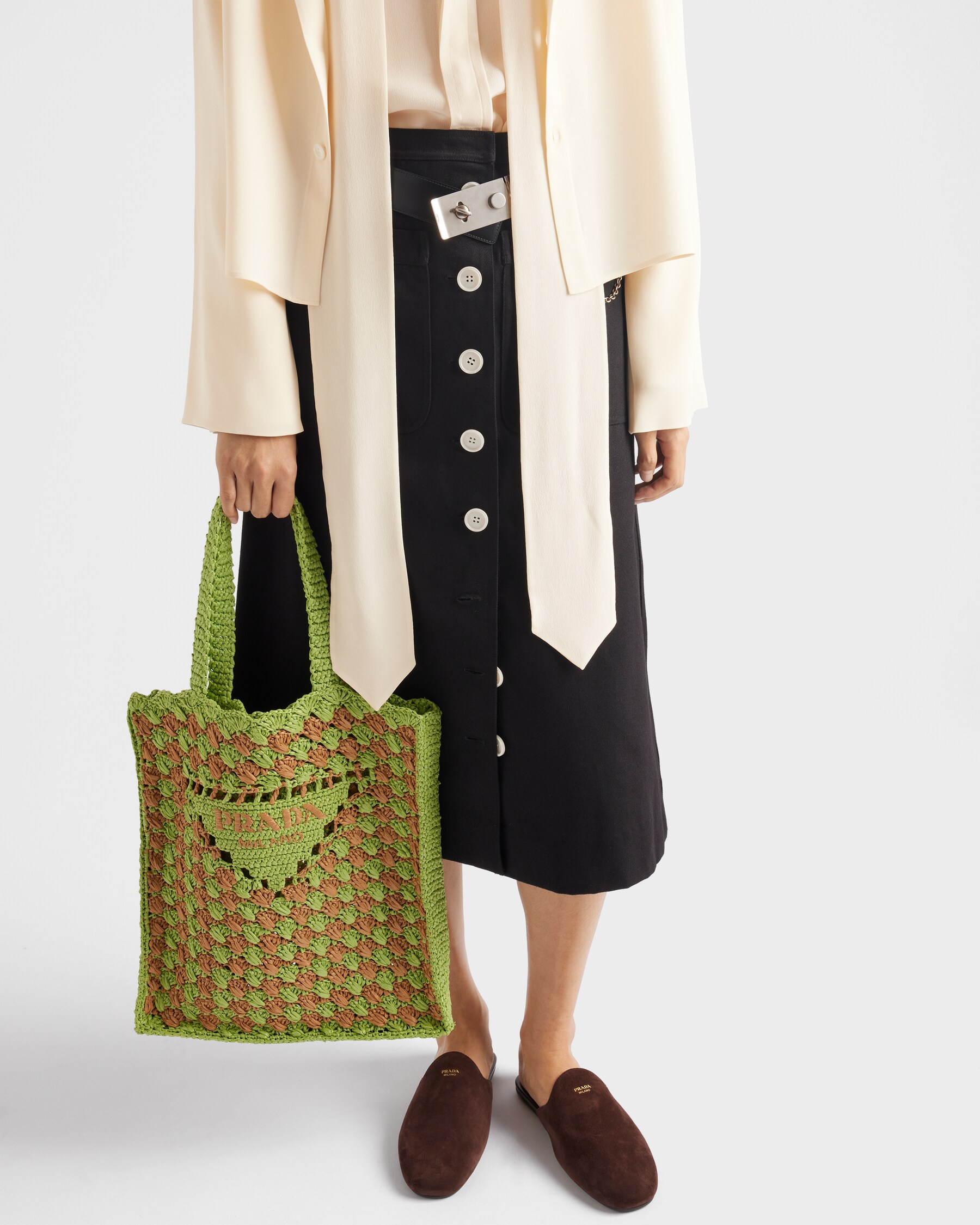 Lawn Green/caramel Crochet Tote Bag | PRADA