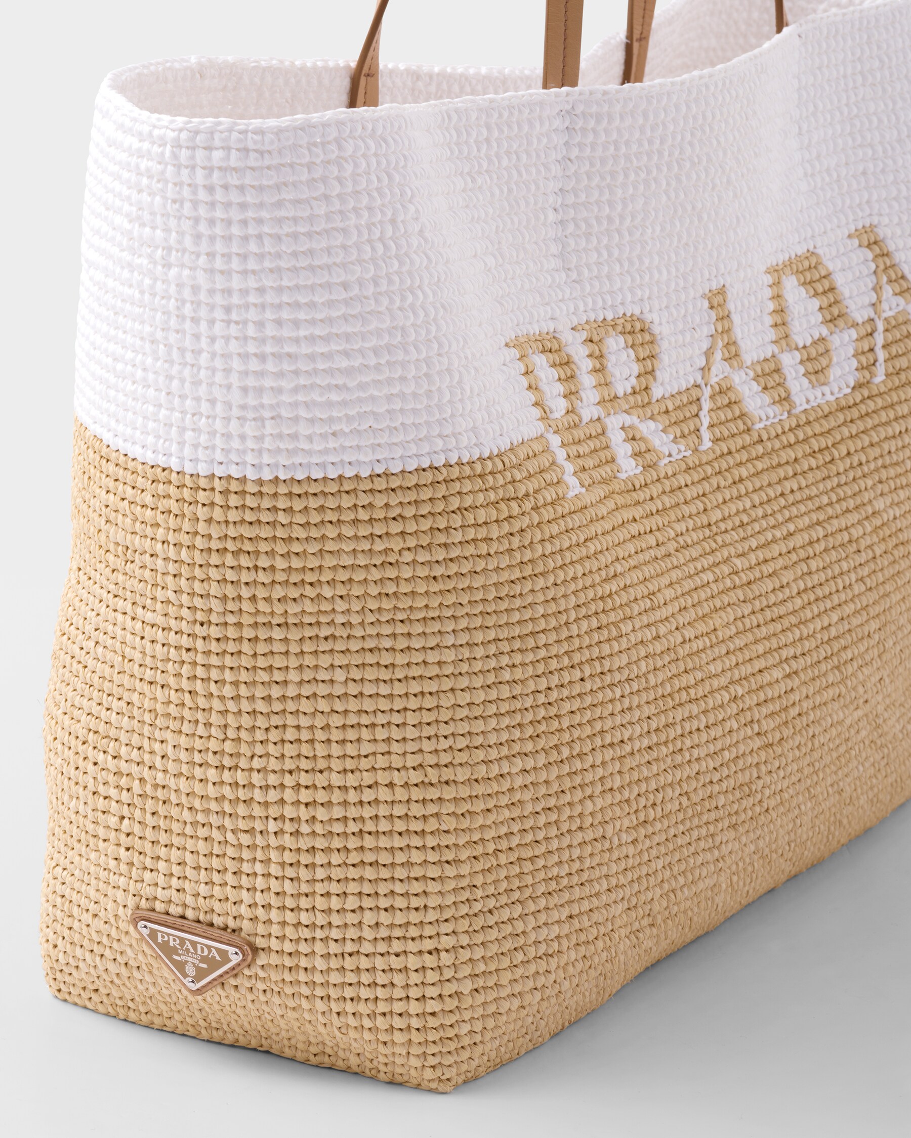 Tan/white Crochet And Leather Tote Bag | PRADA