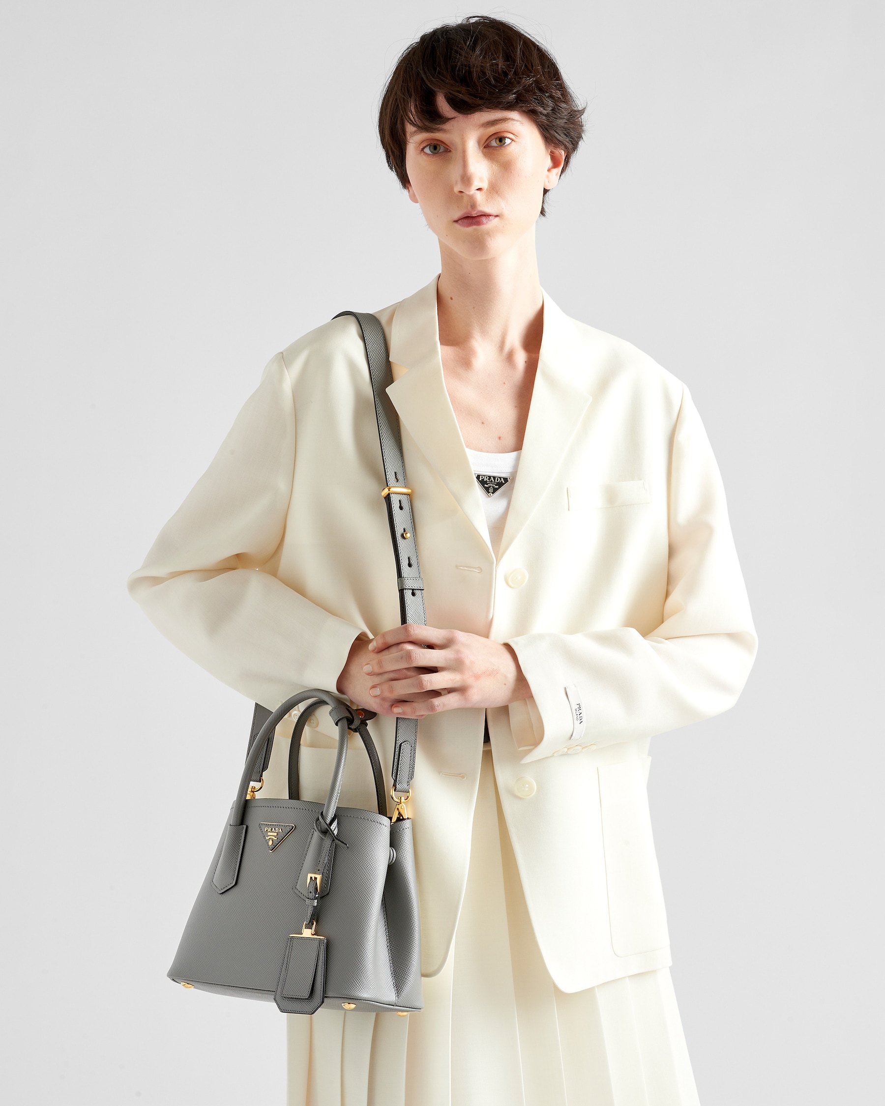 Slate/black Prada Double Saffiano Leather Mini Bag | PRADA