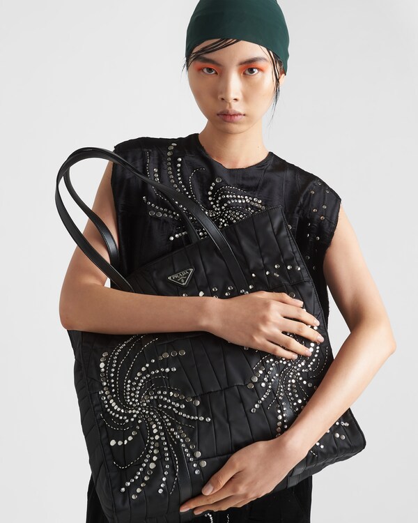 Black Large Re-nylon Patchwork Tote Bag With Embroidery | PRADA
