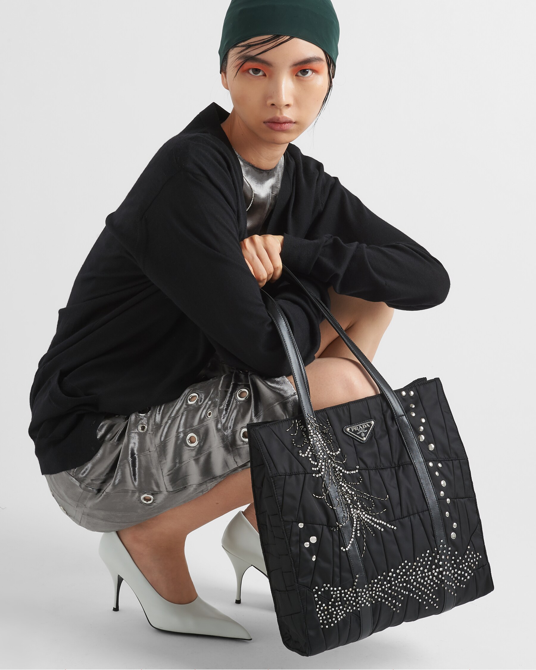 Black Medium Re-nylon Patchwork Tote Bag With Embroidery | PRADA