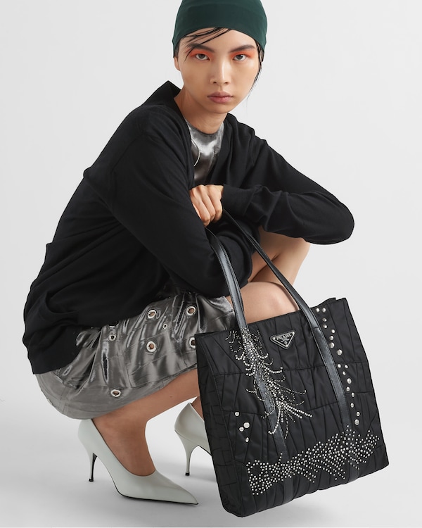 Black Medium Re-nylon Patchwork Tote Bag With Embroidery | PRADA