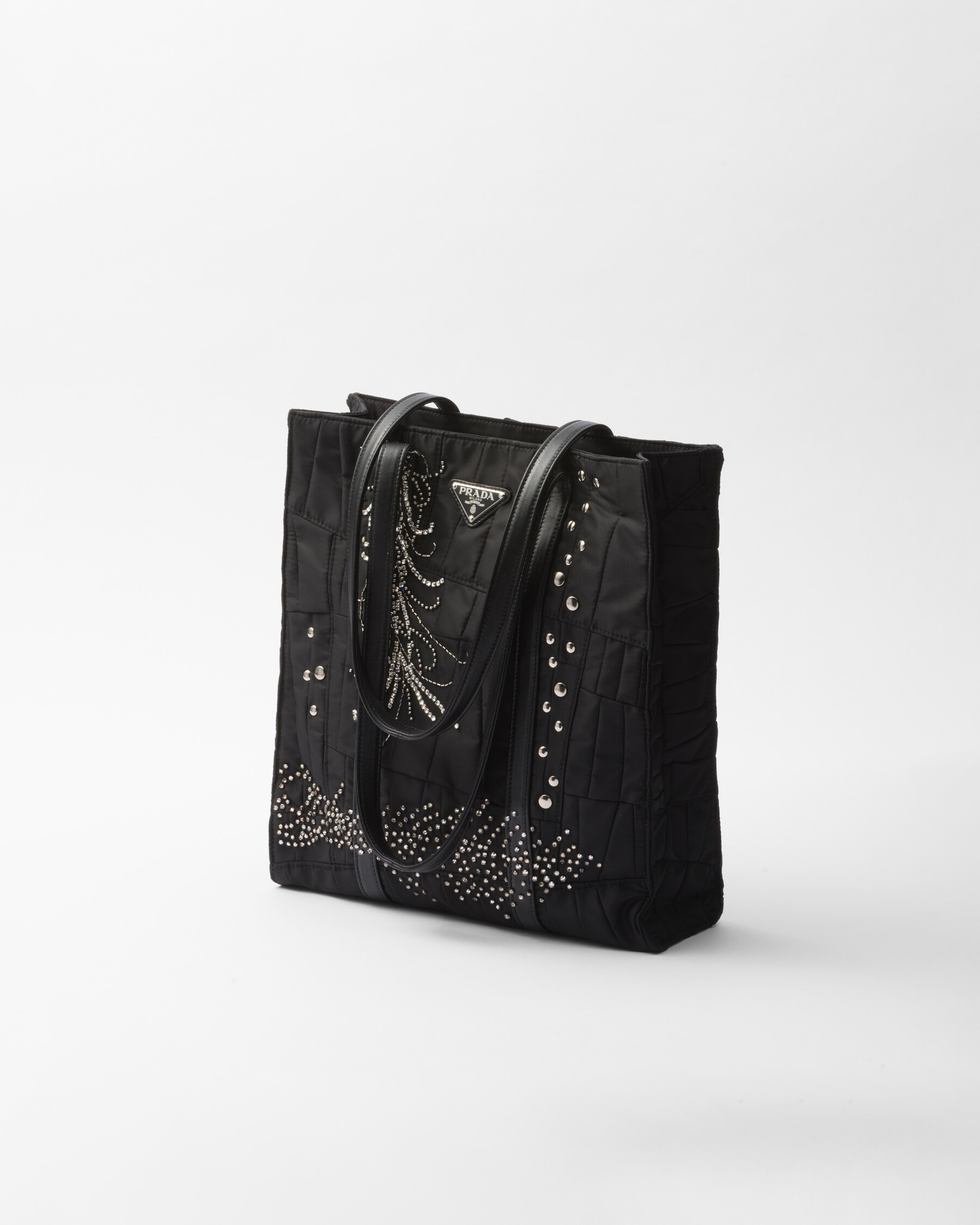 Black Medium Re-nylon Patchwork Tote Bag With Embroidery | PRADA