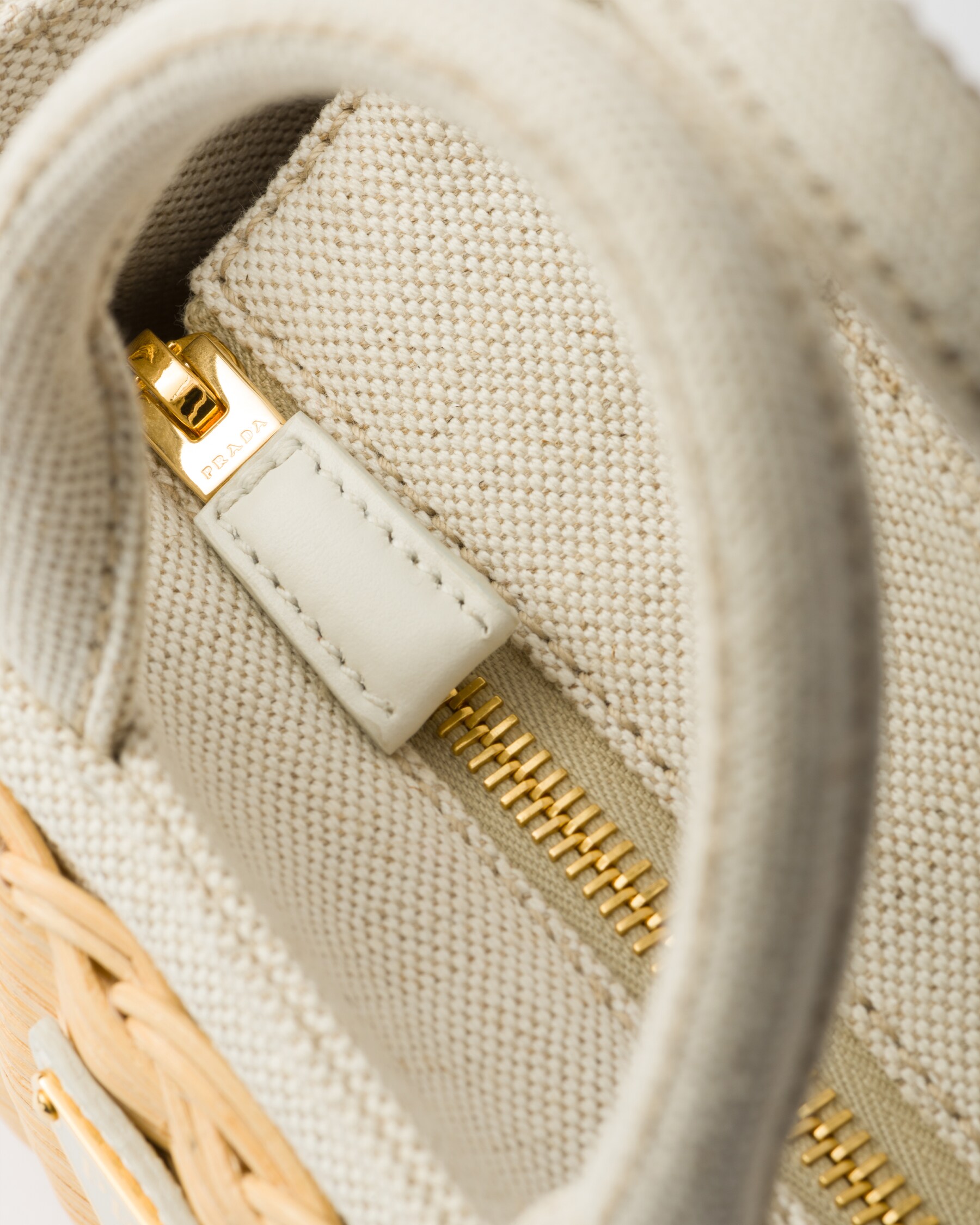 Tan/white Mini Wicker And Linen Blend Tote Bag | PRADA