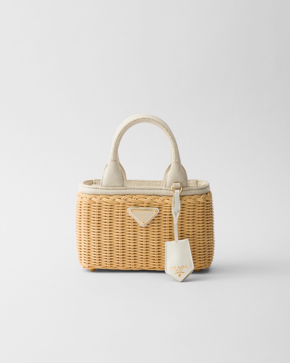 Tan/white Mini Wicker And Linen Blend Tote Bag | PRADA