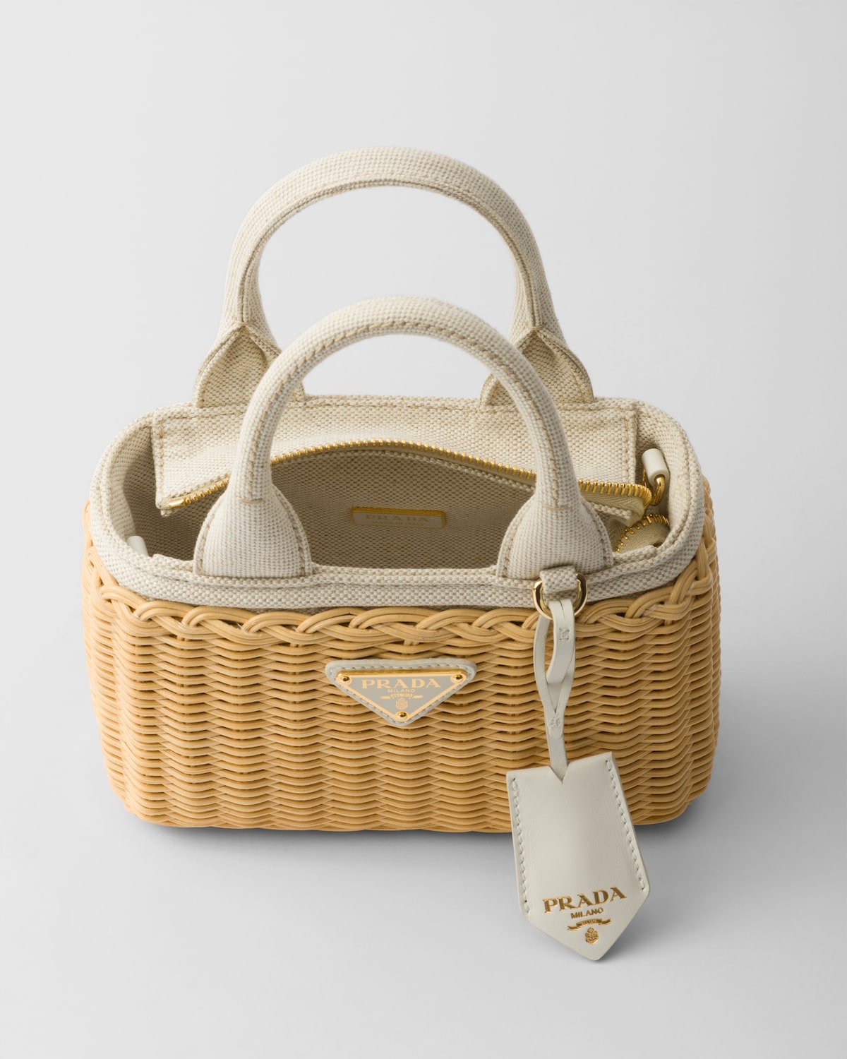 Tan/white Mini Wicker And Linen Blend Tote Bag | PRADA