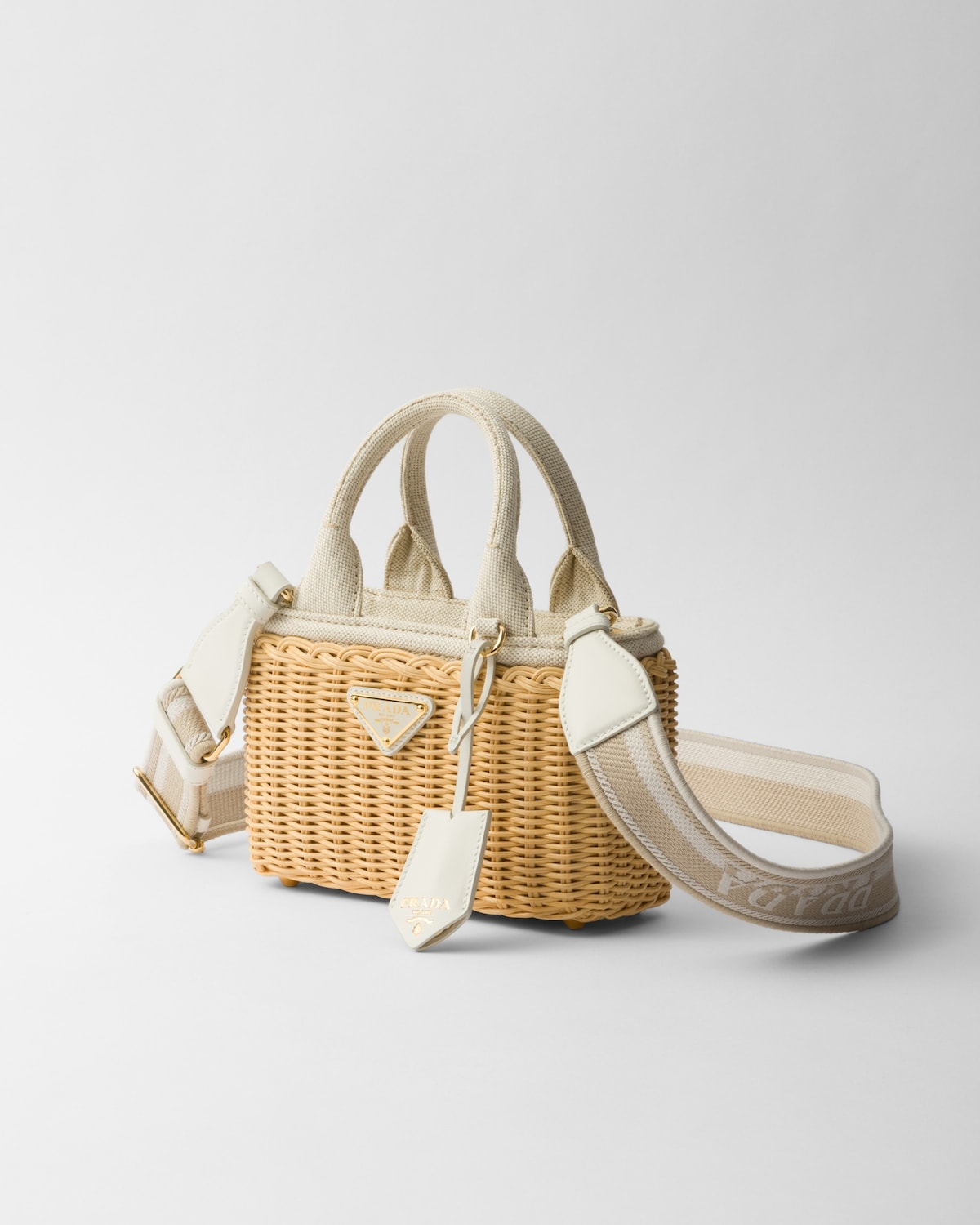 Tan/white Mini Wicker And Linen Blend Tote Bag | PRADA