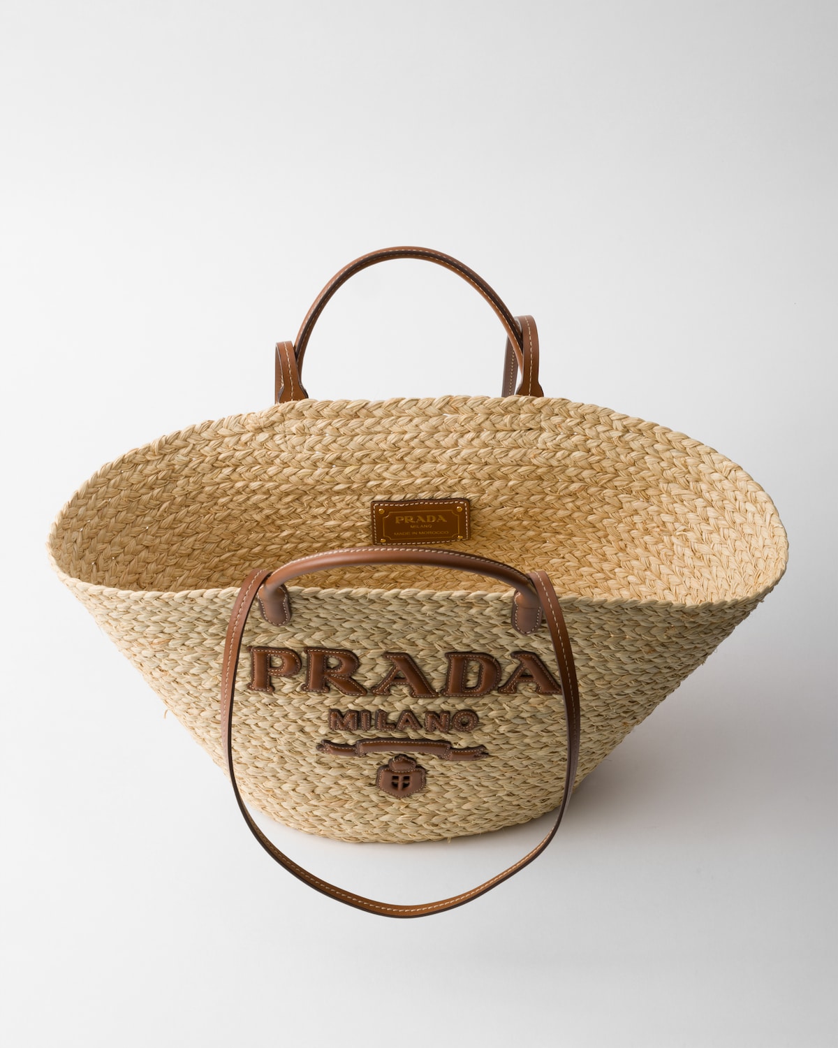 Beige/cognac Large Raffia And Leather Shopping Bag | PRADA