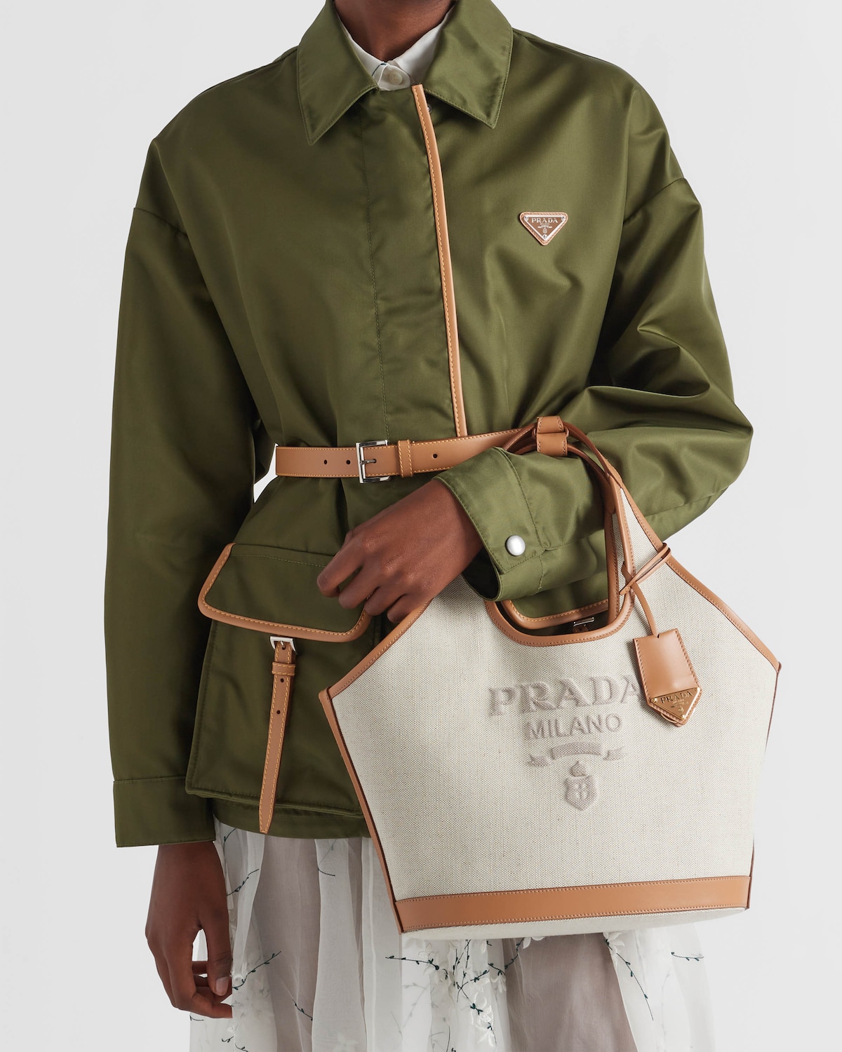 Natural Medium Linen Blend And Leather Tote Bag | PRADA