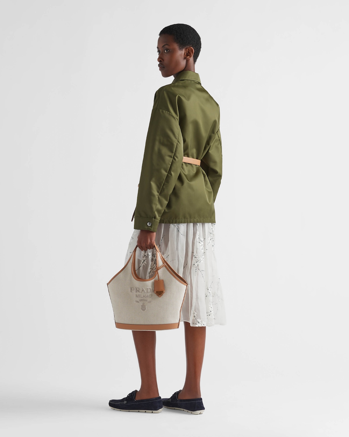 Natural Medium Linen Blend And Leather Tote Bag | PRADA