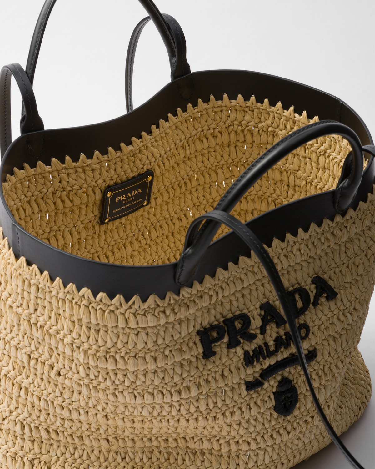Tan/black Medium Crochet And Leather Tote Bag | PRADA