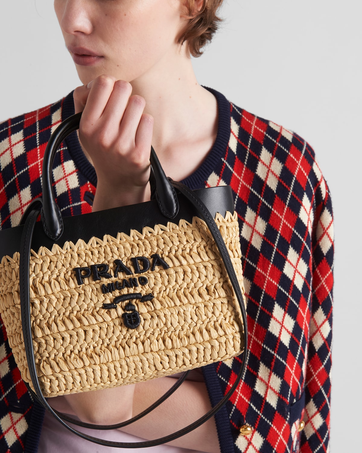 Tan/black Mini Crochet And Leather Tote Bag | PRADA