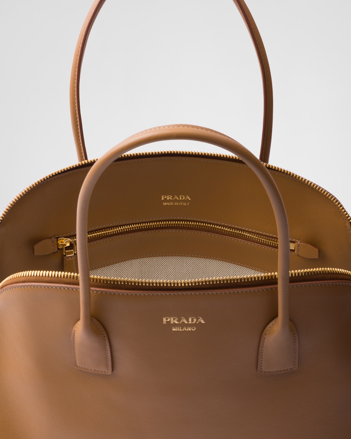 Caramel Large Leather Tote Bag With Zipper Closure | PRADA