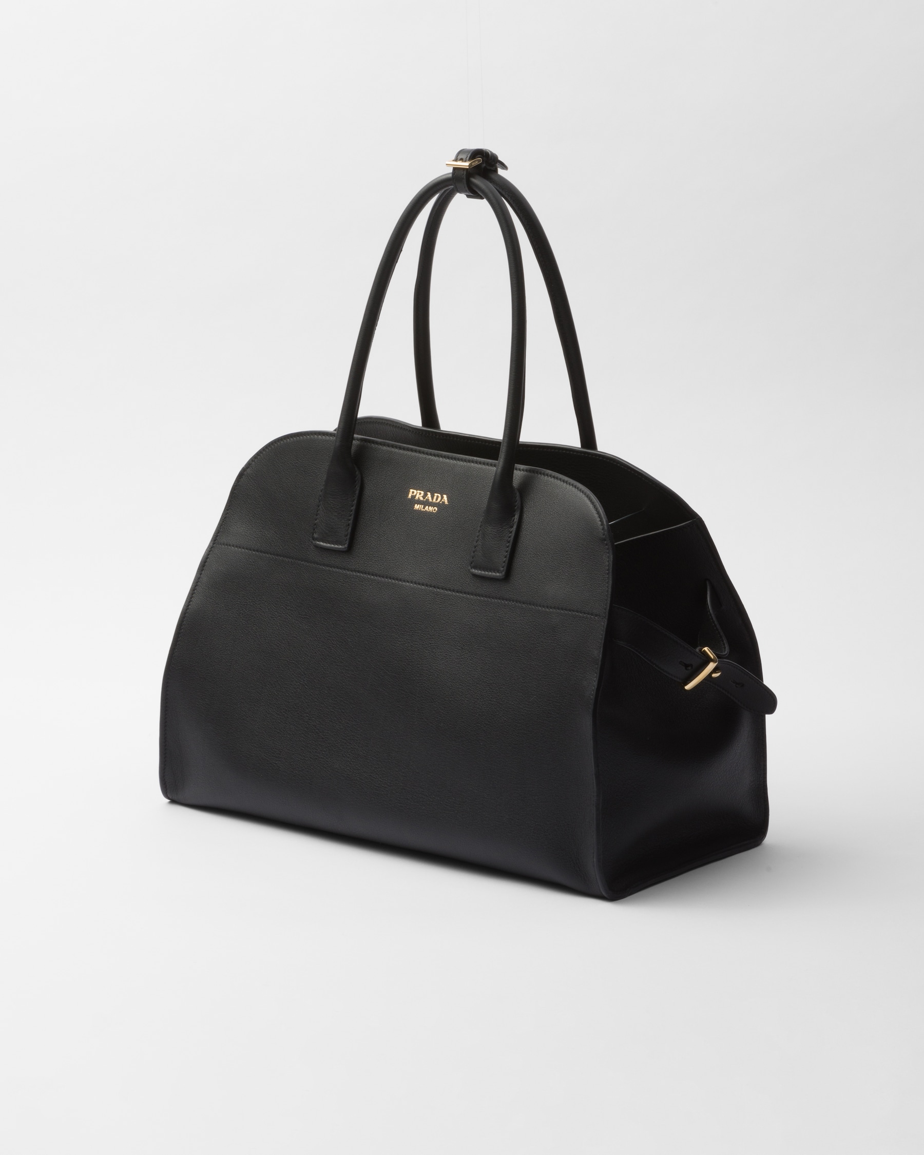 Black Large Leather Tote Bag With Buckles | PRADA