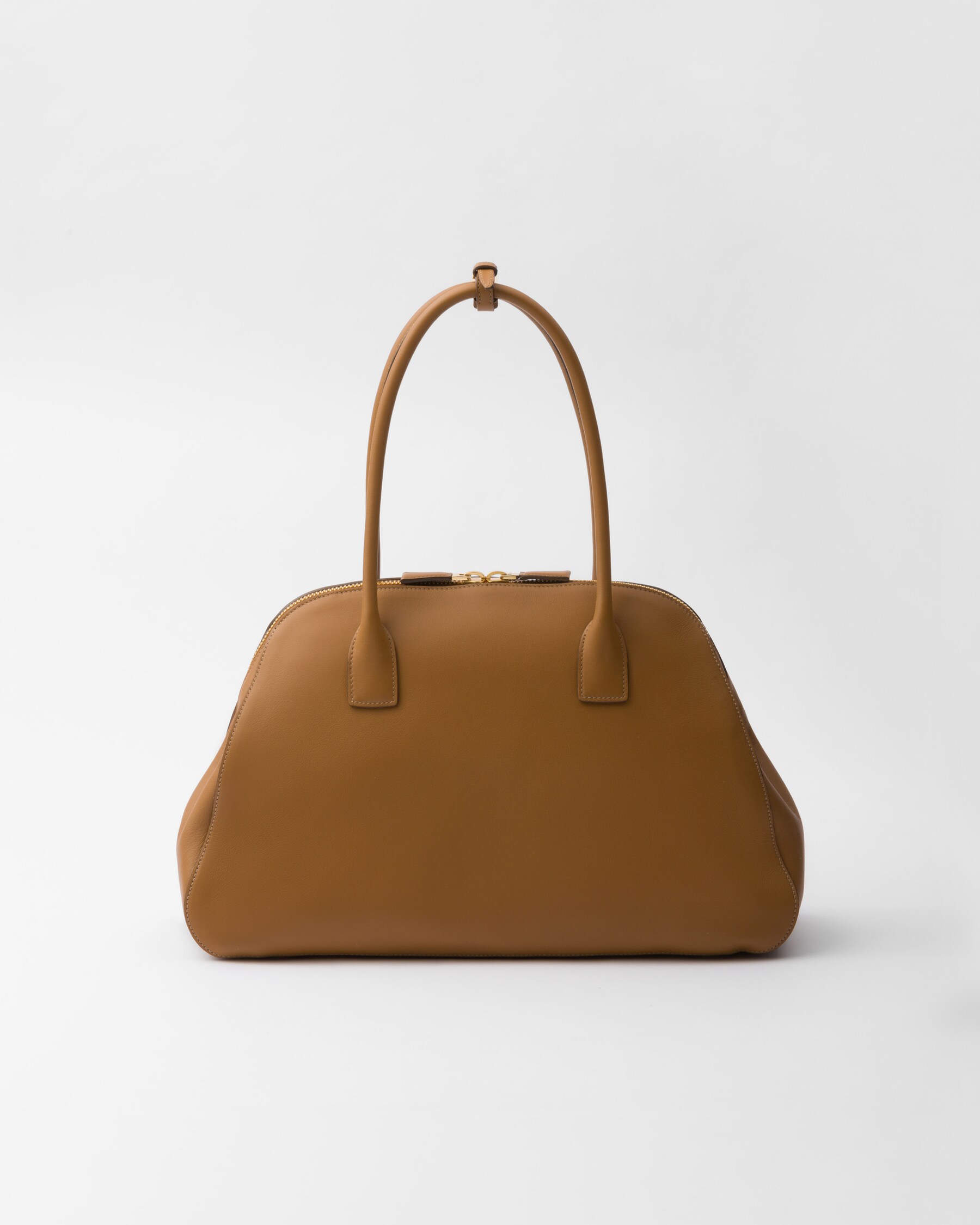Caramel Medium Leather Tote Bag With Zipper Closure | PRADA