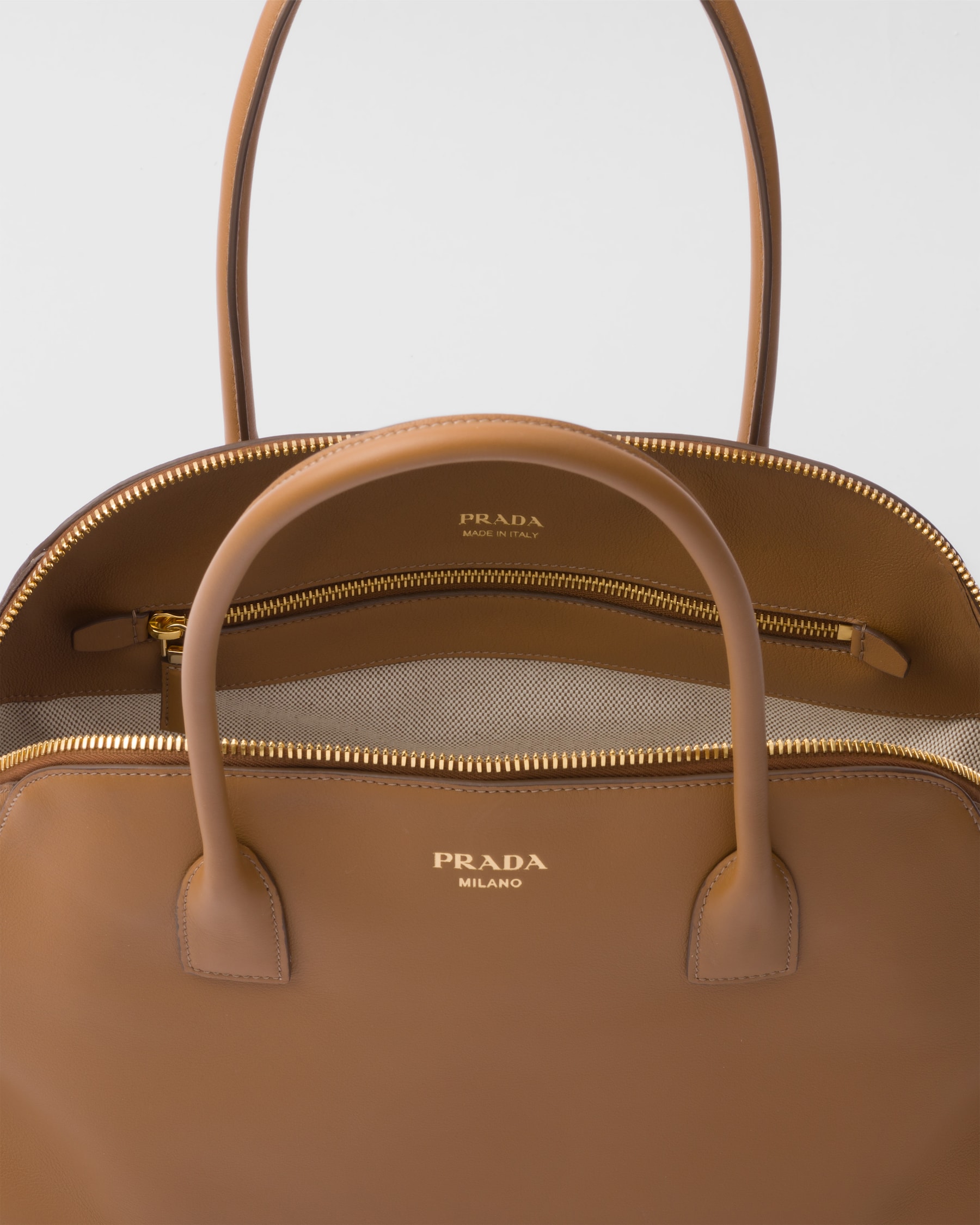 Caramel Medium Leather Tote Bag With Zipper Closure | PRADA