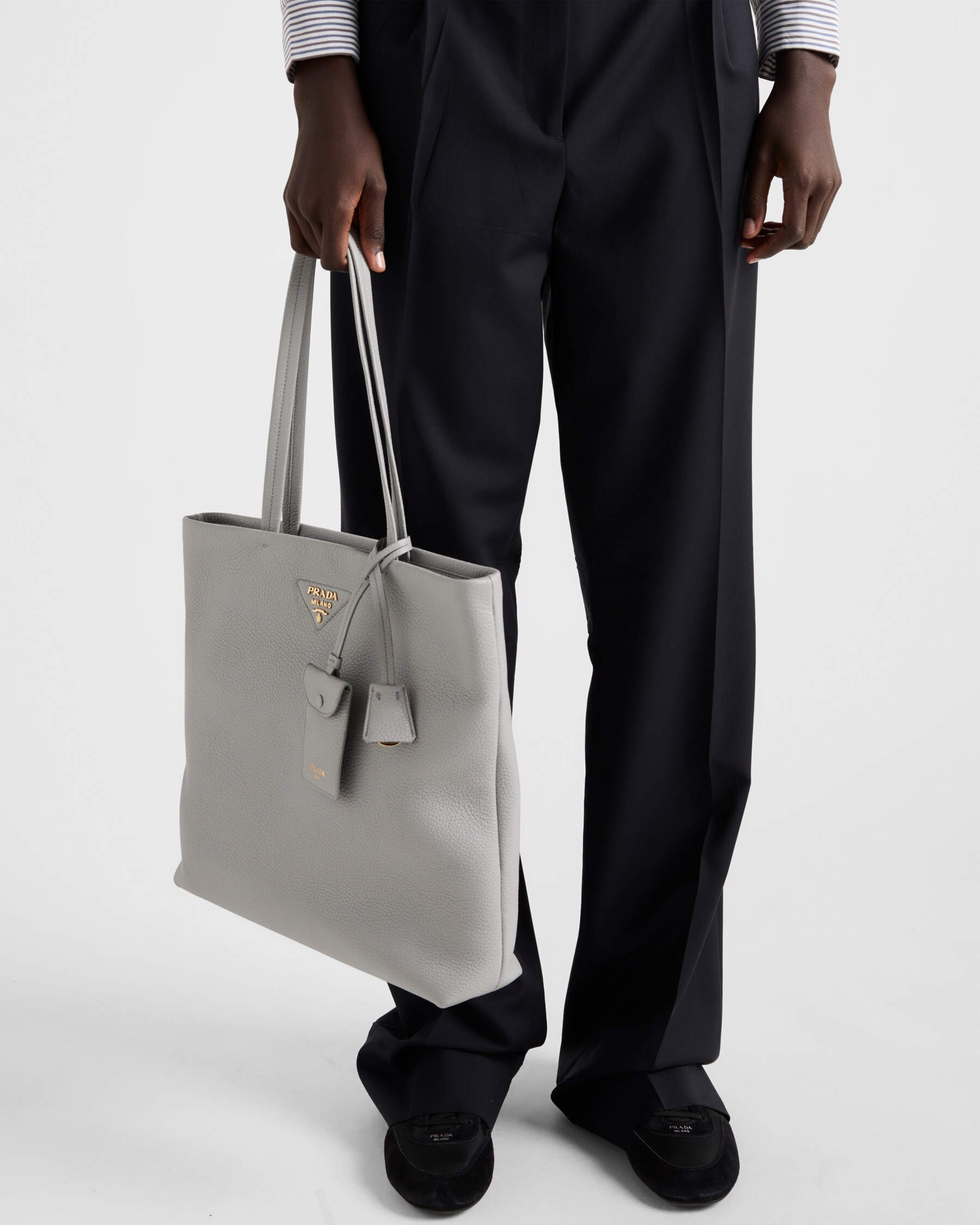 Granite Gray Large Leather Tote Bag | PRADA