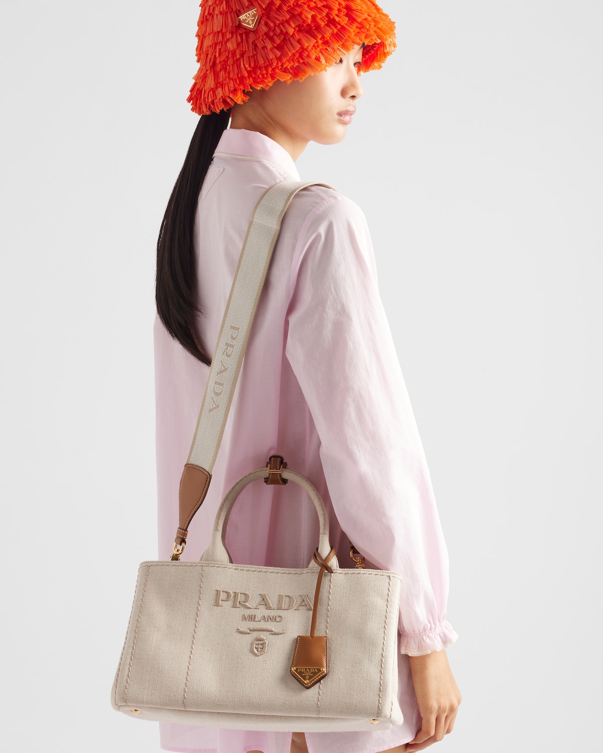 Natural Prada Jardinière Large Linen Blend Handbag | PRADA