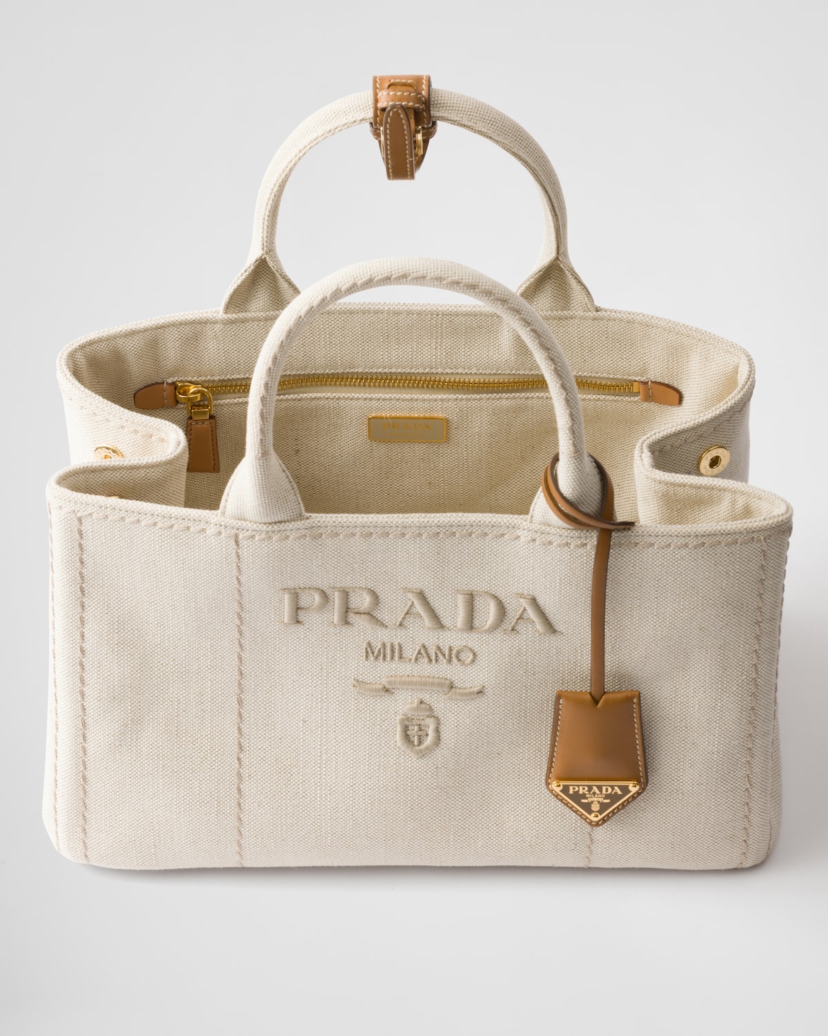 Natural Prada Jardinière Large Linen Blend Handbag | PRADA