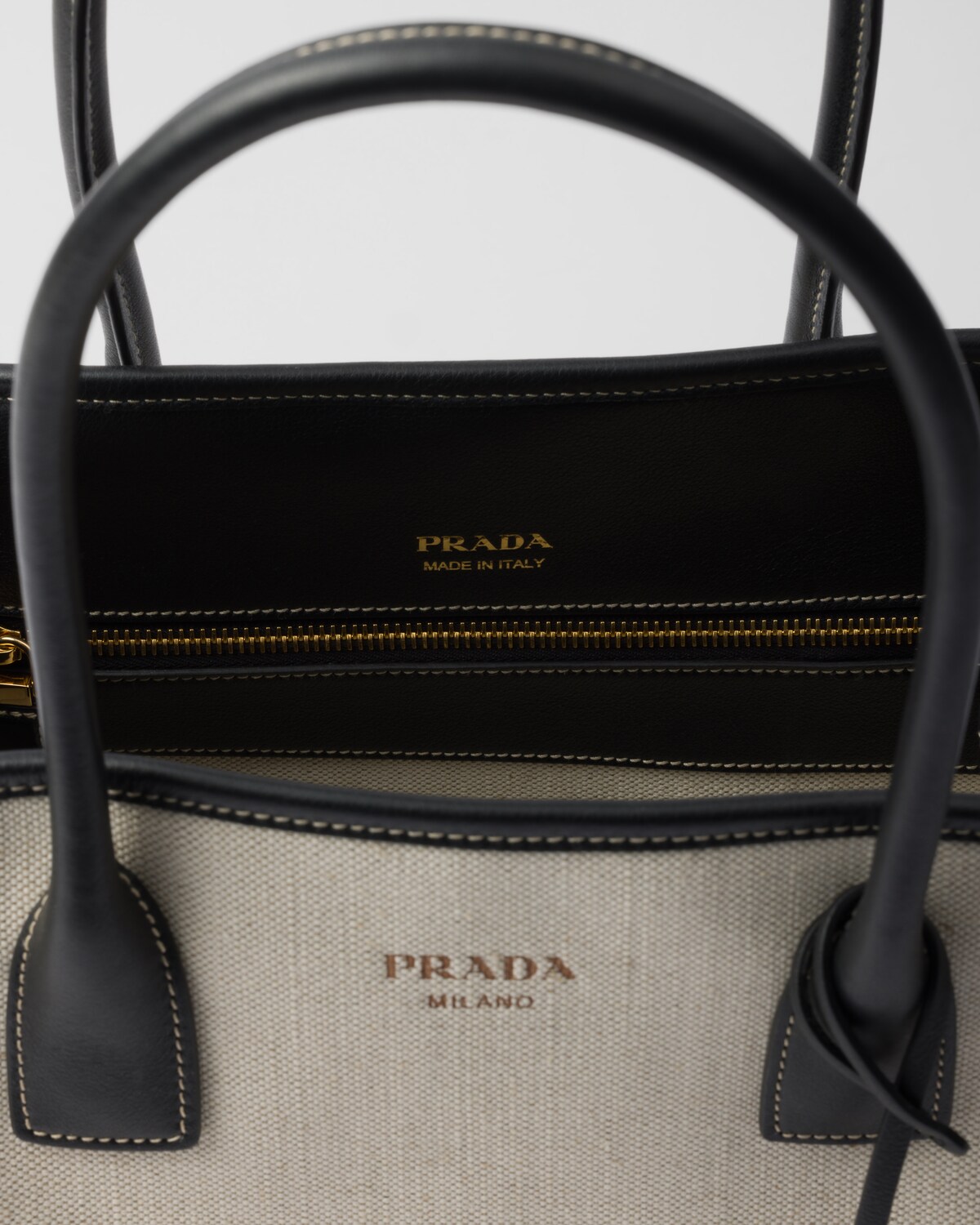 Tan/black Medium Linen Blend And Leather Tote Bag | PRADA