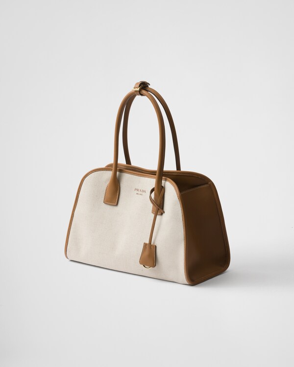 Tan/caramel Medium Linen Blend And Leather Tote Bag | PRADA
