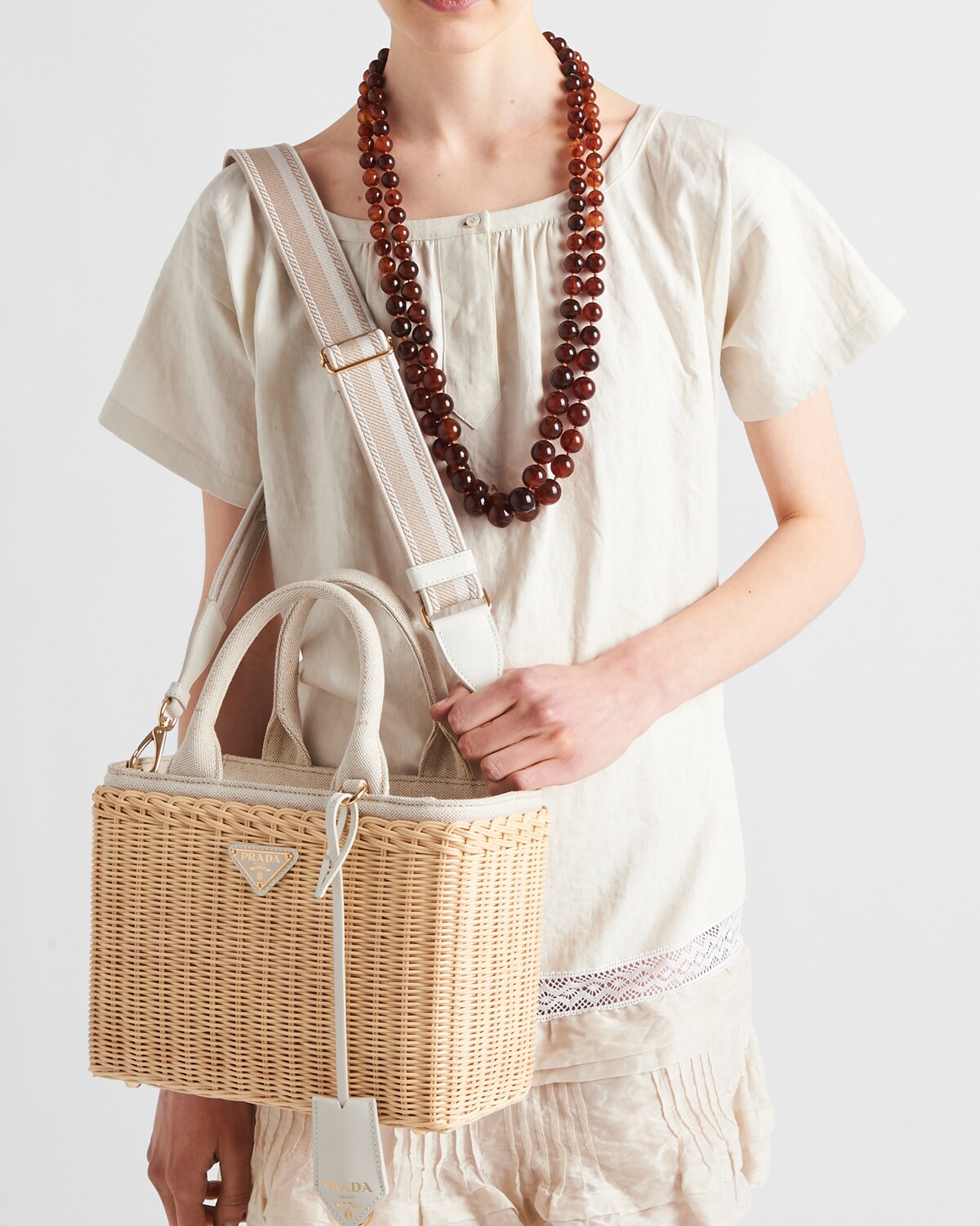 Tan/white Medium Wicker And Linen Blend Tote Bag | PRADA