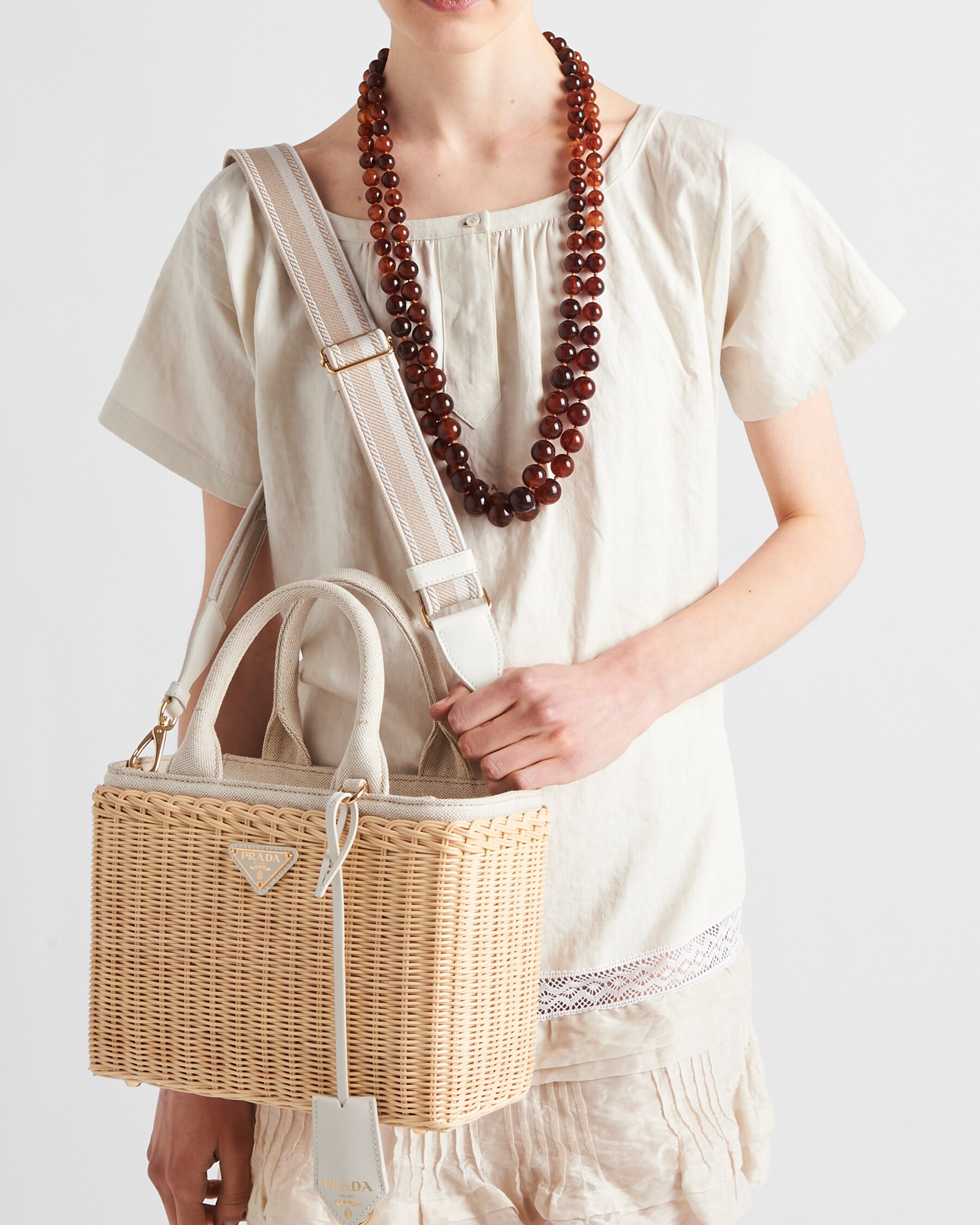 Tan/white Medium Wicker And Linen Blend Tote Bag | PRADA