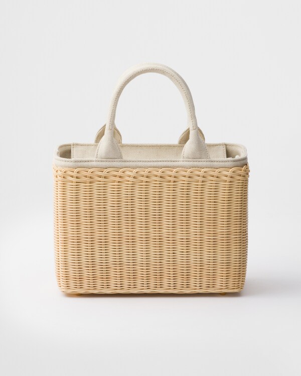 Tan/white Medium Wicker And Linen Blend Tote Bag | PRADA